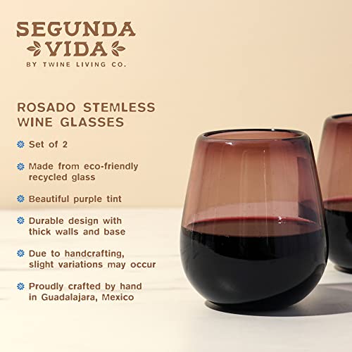 Segunda Vida Rosado Stemless Wine Glasses Set - Hand Blown Colorful Wine Glasses- Purple 100% Recycled Glassware Made in Mexico 13oz Set of 2