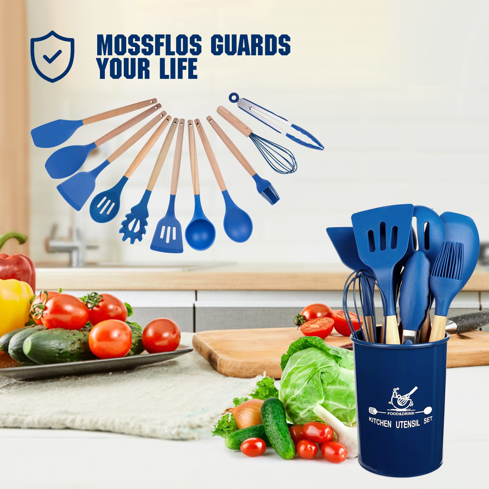 mossFlos Kitchen Cooking Utensils Set, 12 pcs Non-Stick Silicone Cooking Kitchen Utensils with Holder, Heat Resistant Kitchen Gadgets Utensil Set,Turner Tongs,Spatula,Spoon,Brush,Whisk.Dark Green
