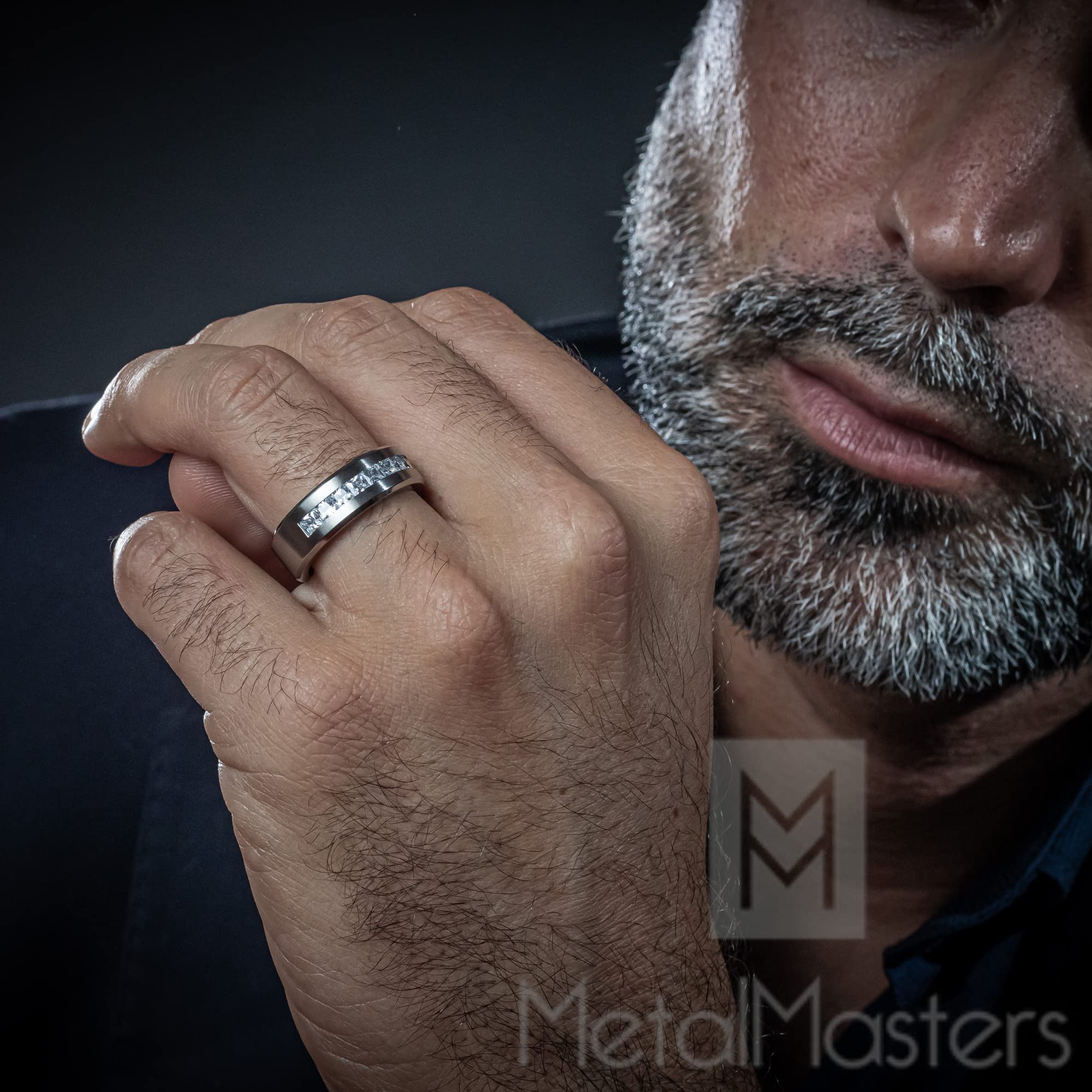 Metal Masters Titanium Men's Wedding Band Engagement Ring with 9 large Princess Cut Cubic Zirconia Size 8