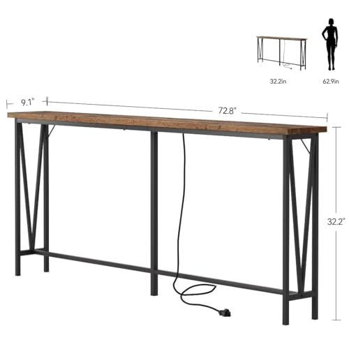Narrow Console Table, 72.8 Inch Extra Long Entryway Table with Outlet and USB Ports, Narrow Sofa Table for Living Room Hallway Foyer, Rustic Brown