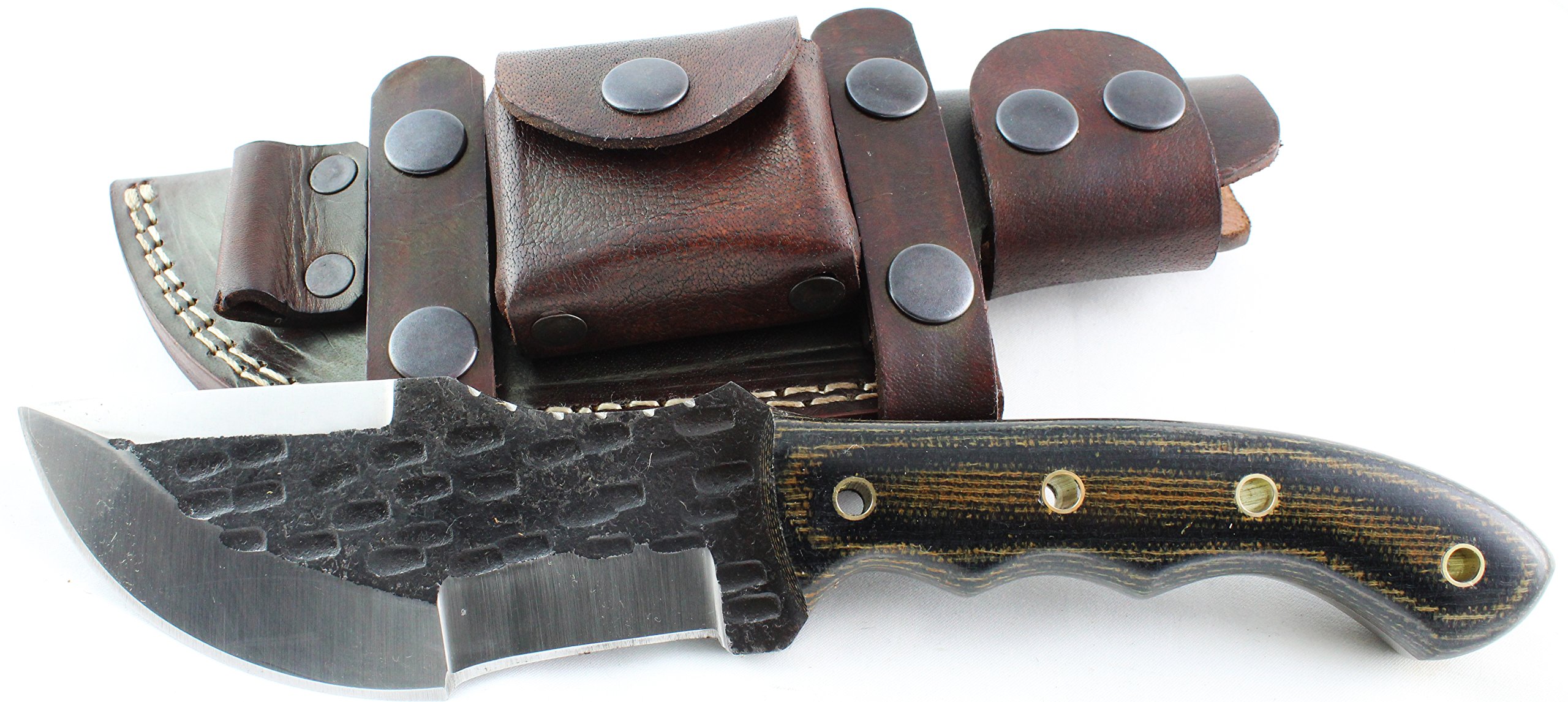 Moorhaus Handmade D2 Hammered Brown & Black G10 Tracker with Leather Sheath