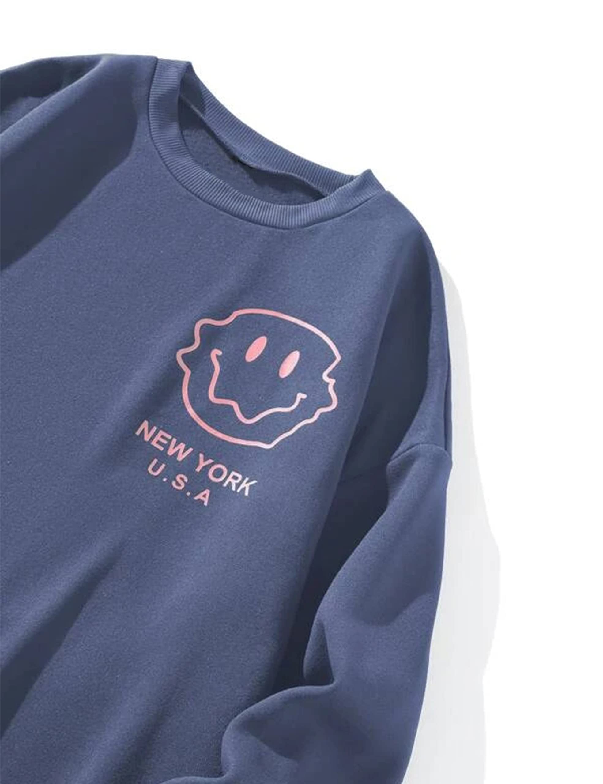 SAFRISIOR Women's Oversized Fleece New York Letter Print Graphic Sweatshirt Long Sleeve Crewneck Pullover Coat, Dusty Blue, Medium