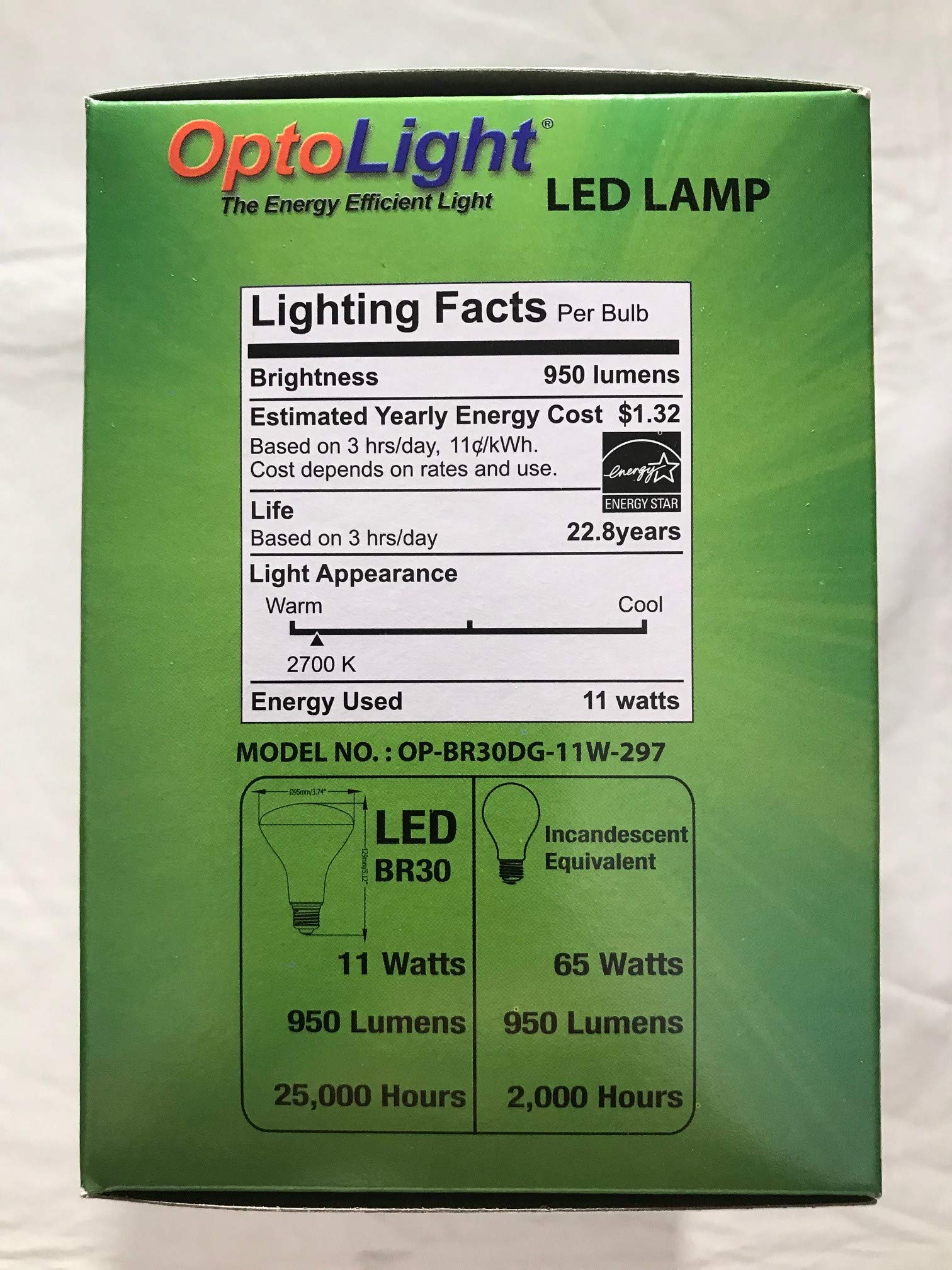 Pack of 2 OptoLight 11W 65W BR30 Dimmable Replacement