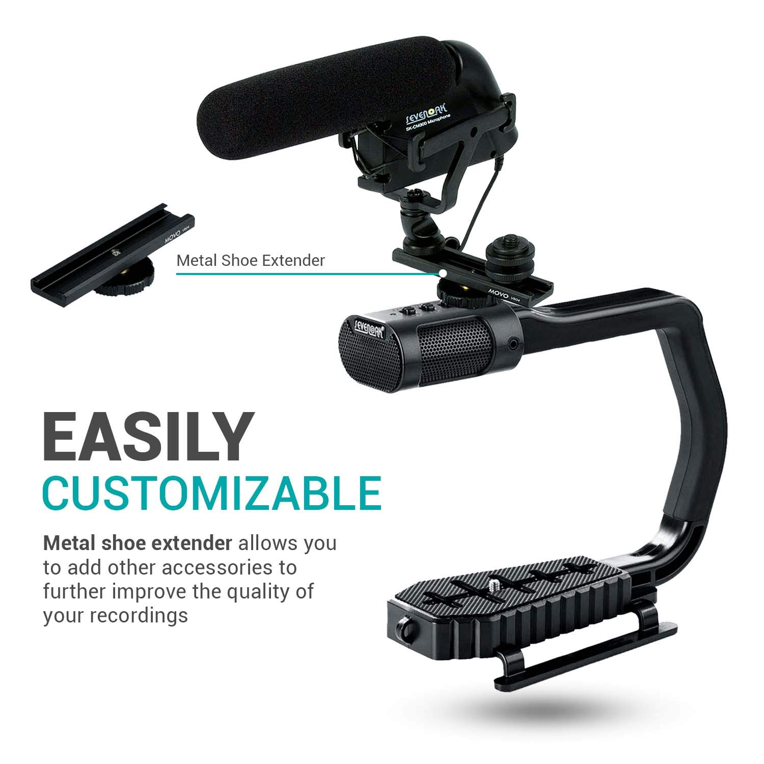 Movo + Sevenoak Micrig U Grip Handle with Built-in Stereo Microphone, LED Light, and Camera Accessories - Stabilizer for Camera, Smartphones, and GoPro Action Cameras