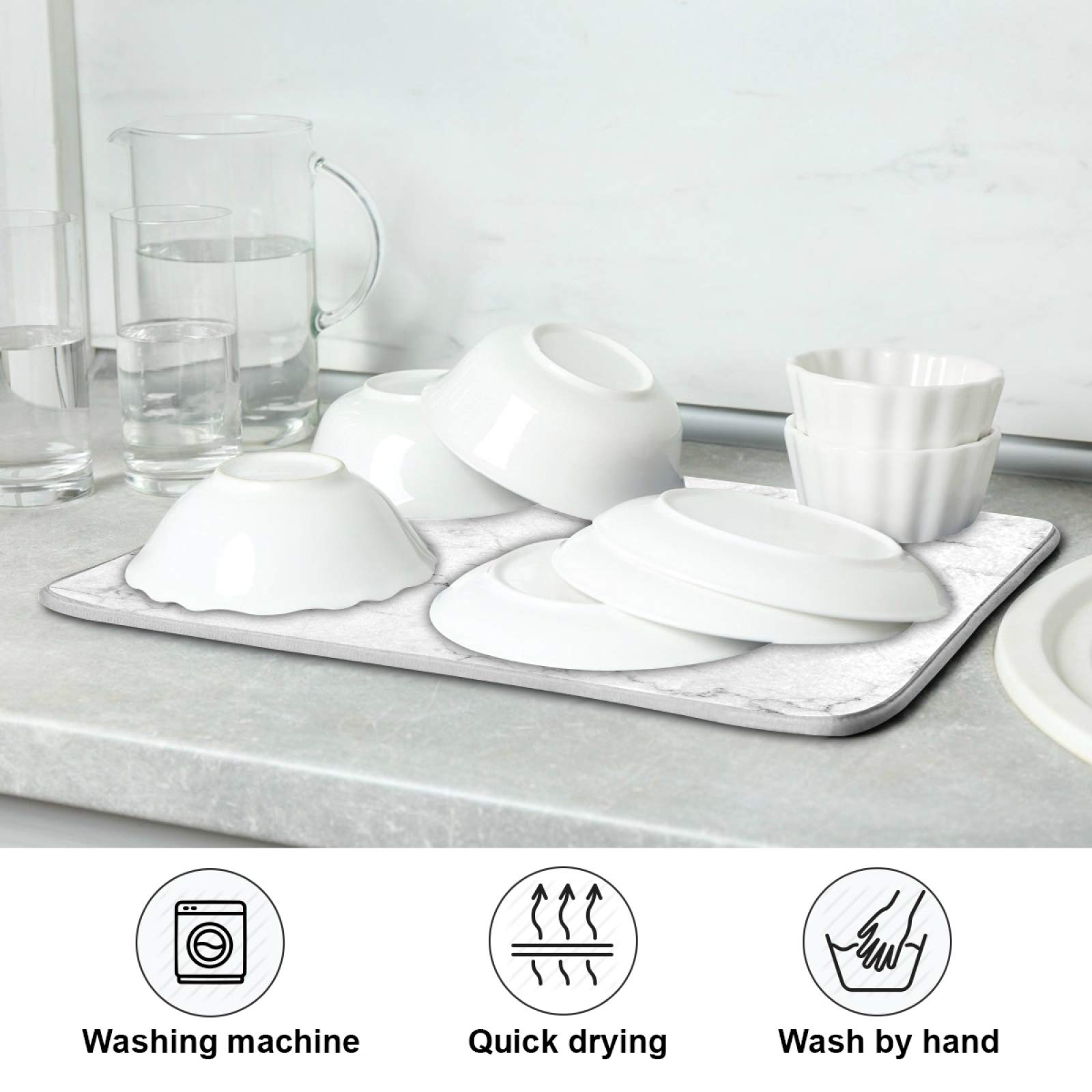 White Marble Dish Drying Mat Kitchen Counter Gold Absorbent Microfiber Drying Rack Pads 16x18 inch for Countertop Dishes Large Drain Mats and Protector Coffee Bar Mats