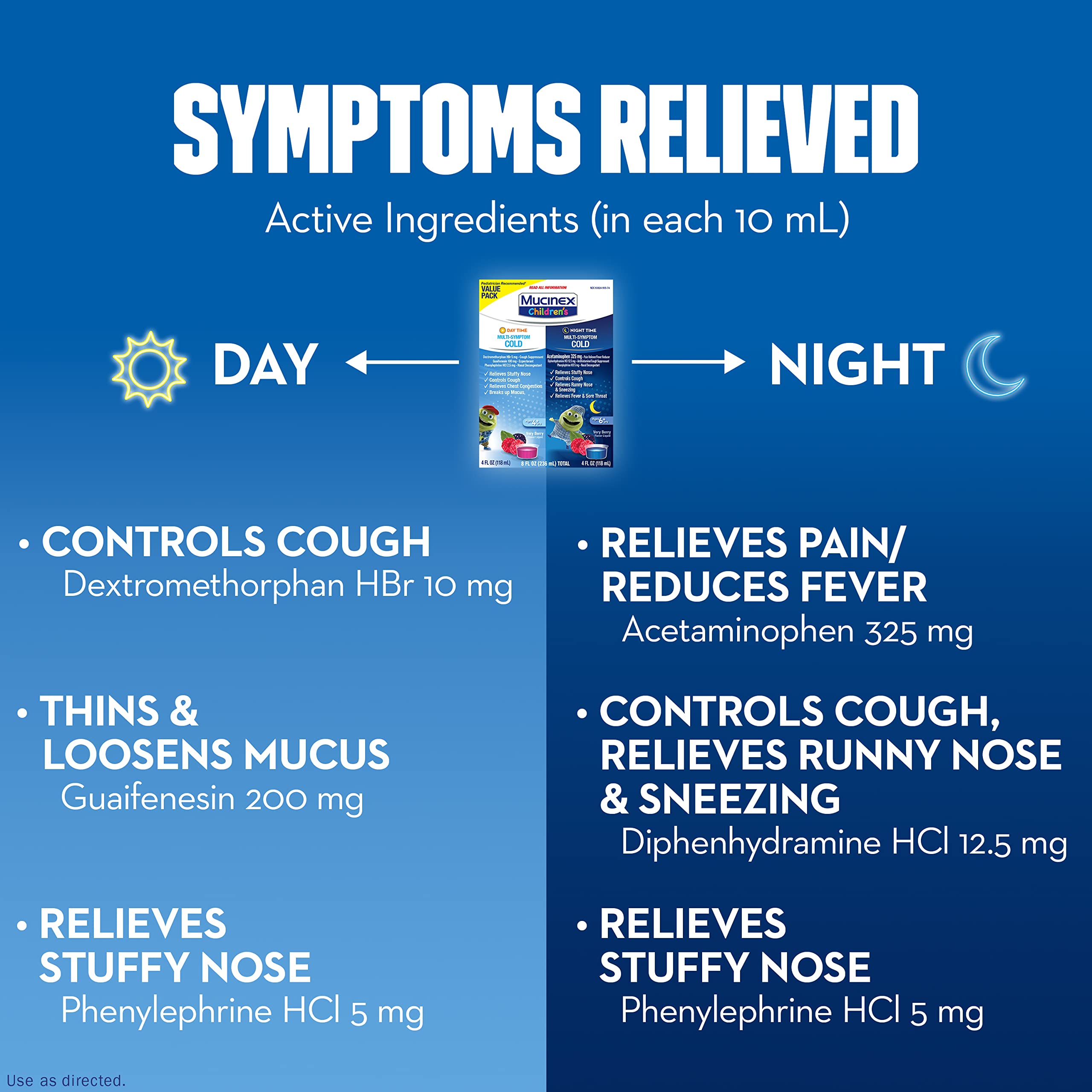 Mucinex Children?s Day Time Multi- Symptom Cold and Night time Multi-Symptom Cold, Multi-Symptom Relief, Bundle Value Pack, Very Berry Flavor, 2 x 4 FL OZ (Pack of 1)