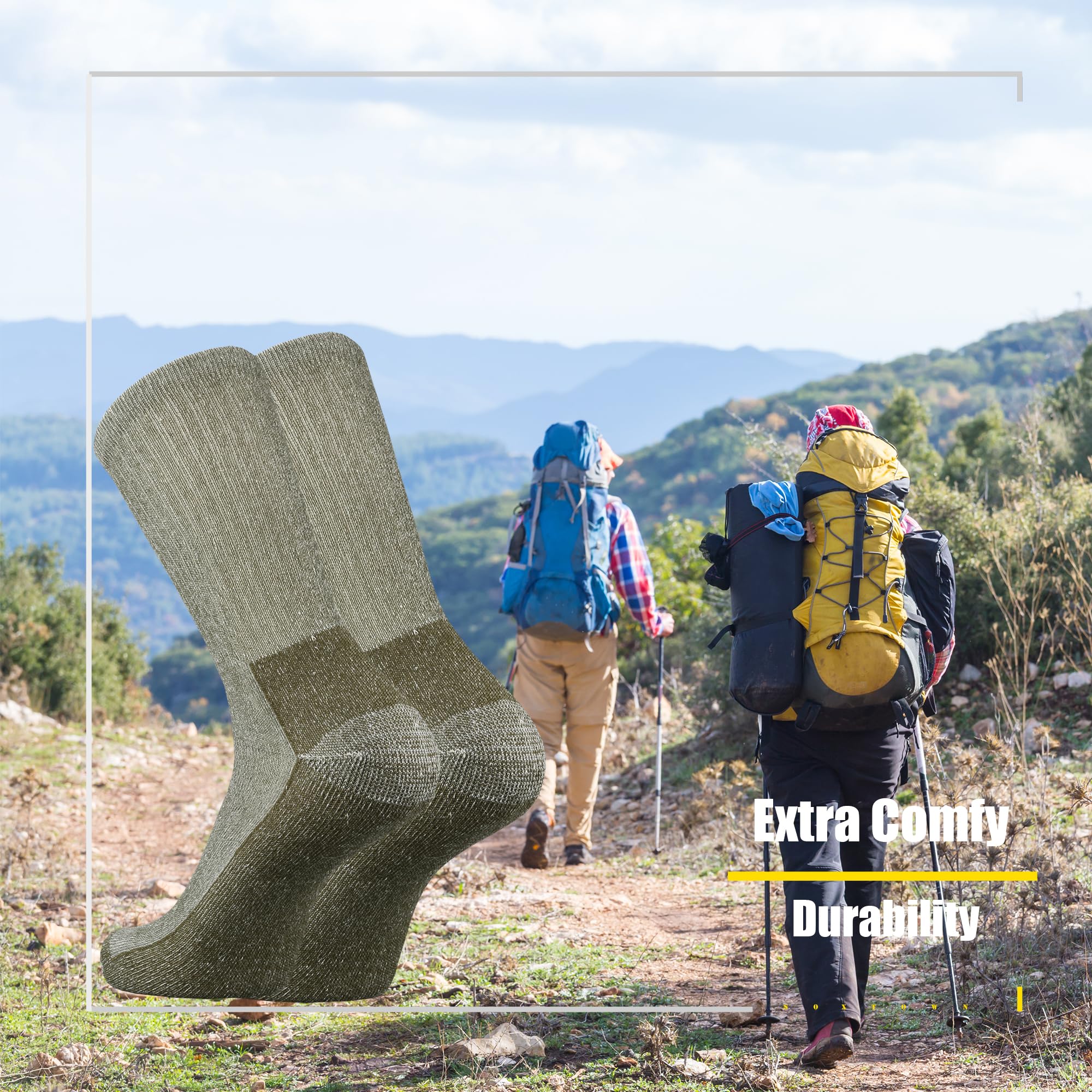 SOX TOWN Men's Merino Wool Cushion Crew Socks Moisture Wicking Control for Outdoor Hiking Work Boot Thermal Warm All Seasons(Green XL)