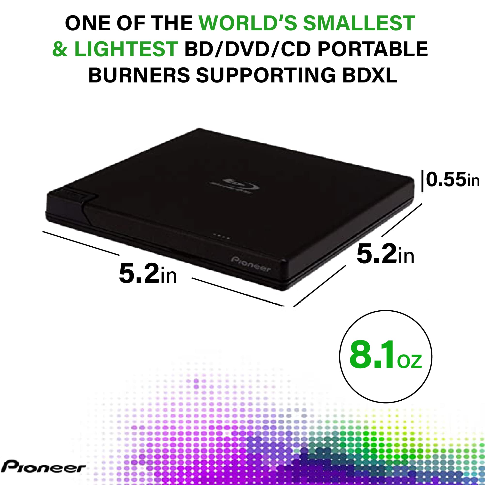 Pioneer BDR-XD07B - 6x Slim Portable USB 3.0 BD/DVD/CD Burner - Supports BDXL & M-Disc Format - USB Bus Powered, Cyberlink Software Included