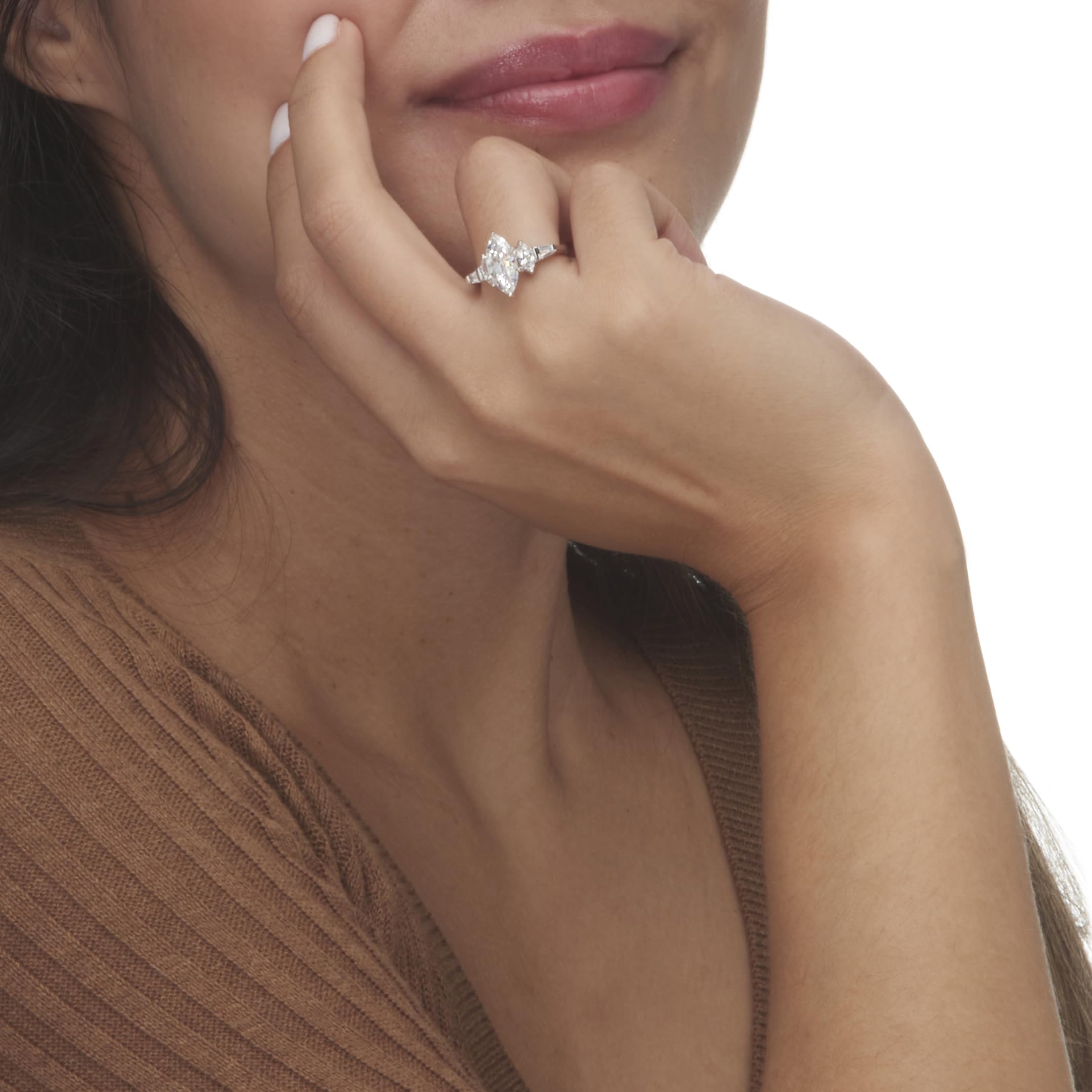 PalmBeach 10K White Gold Marquise Cut Cubic Zirconia 3-Stone Engagement Ring Sizes 6-10 Size 10