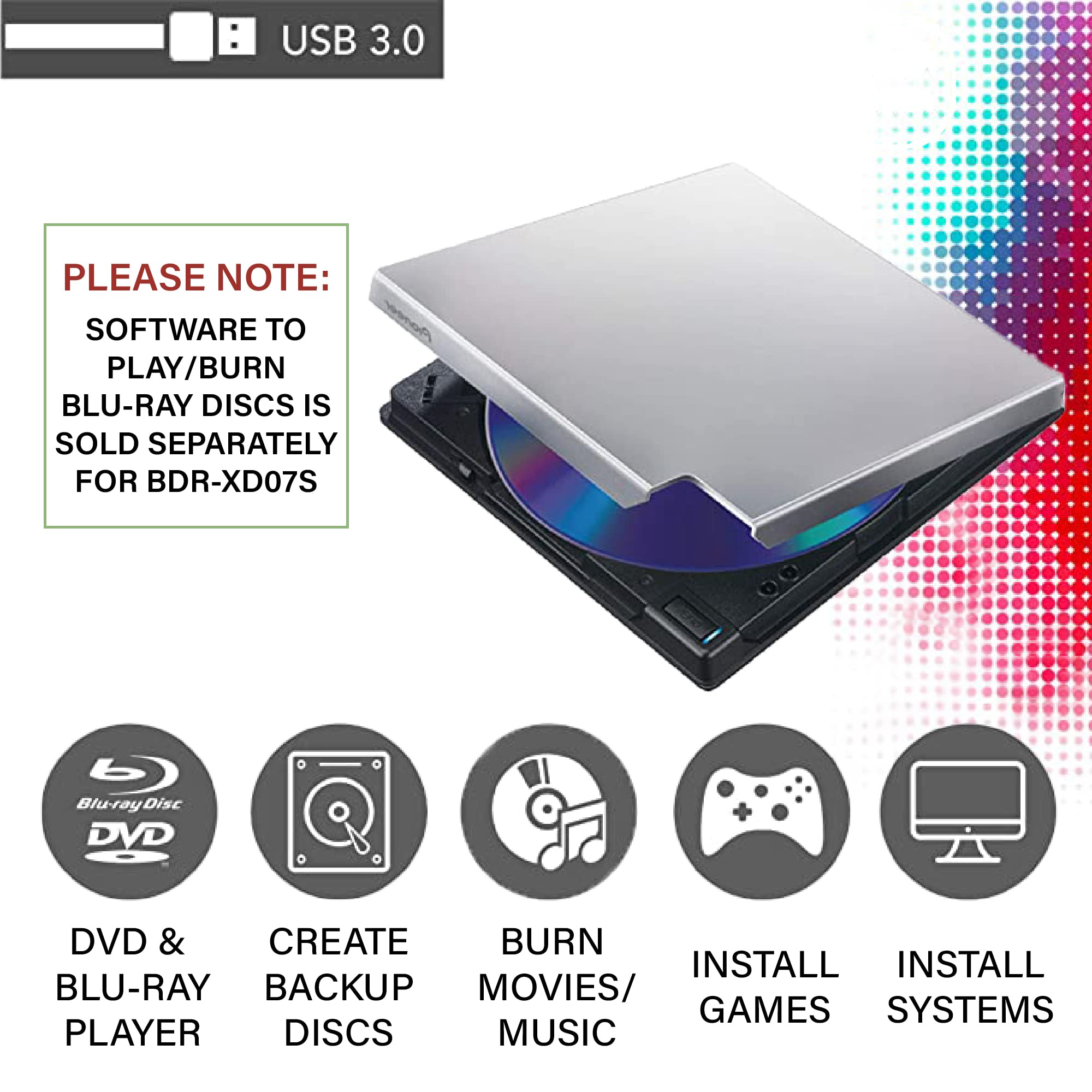 Pioneer BDR-XD07S External Blu Ray Drive - 6X Slim Portable BDXL, BD, DVD & CD Burner for Windows & Mac with 3.0 USB - Write & Read on Laptop & Desktop, w/ Carry Case, Software Sold Separately
