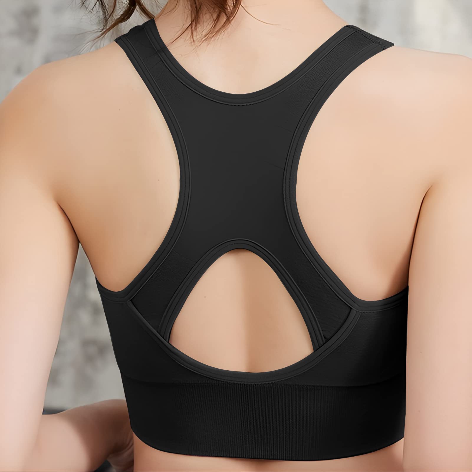 Unaone Sport Bras for Women, Soft Padded Breathable Seamless Comfort with Zipper for Running Workout Yoga Bra Black