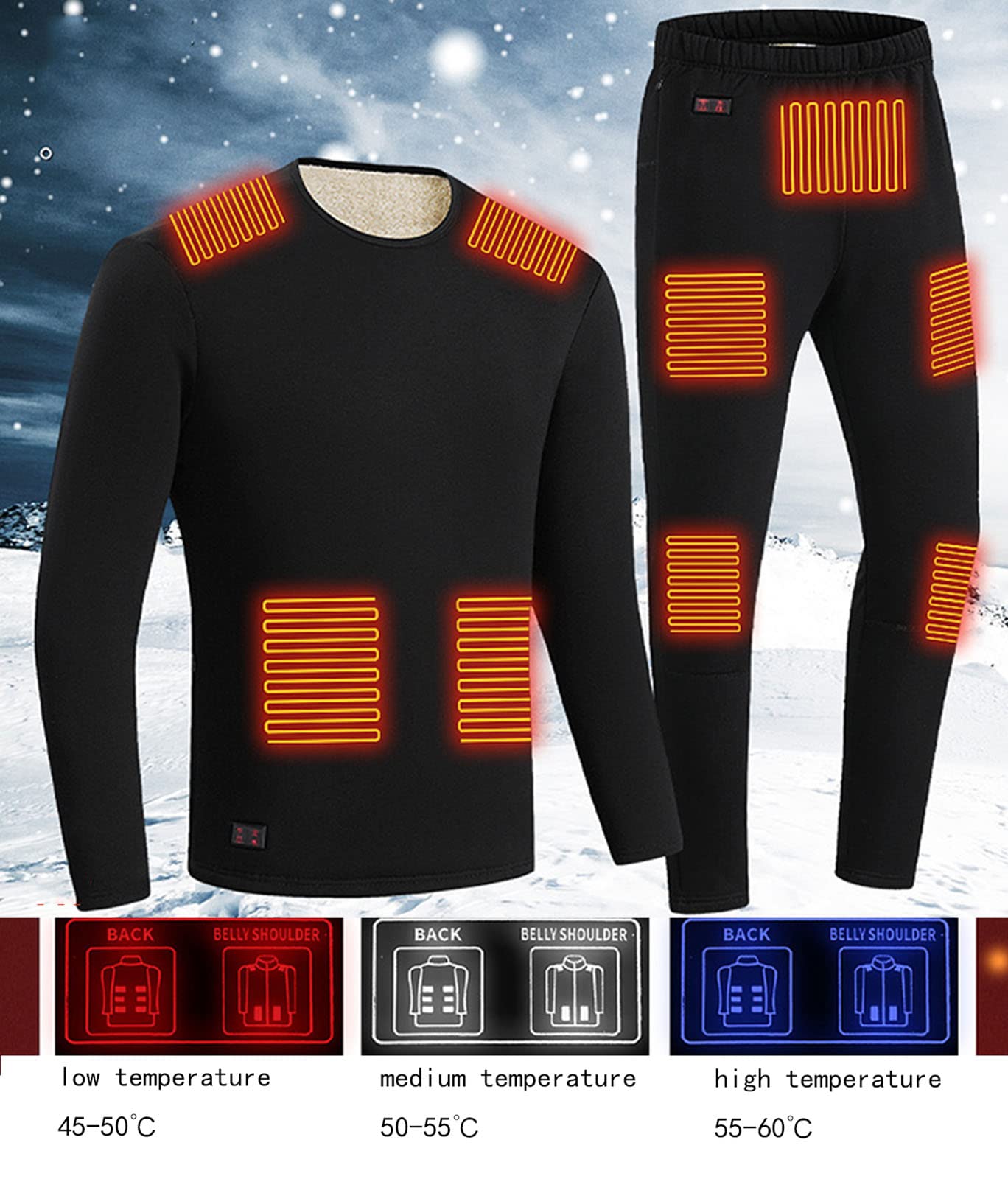 Vuirrm Thermal Underwear for Men Electric Heated Thermal Underwear Set (Top + Pants) USB Washable Temperature Adjustable in Winter,5XL,Black