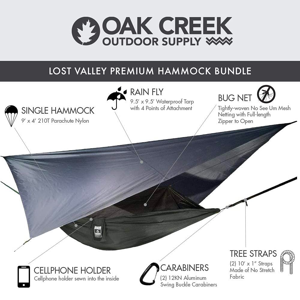 Oak Creek Camping Hammock and Accessories. Complete Package with Mosquito Bug Net, Rain Fly, Tree Straps. Great for Hiking, Backpacking, and Travel. Weighs Only 4 Pounds. Carbon Gray.