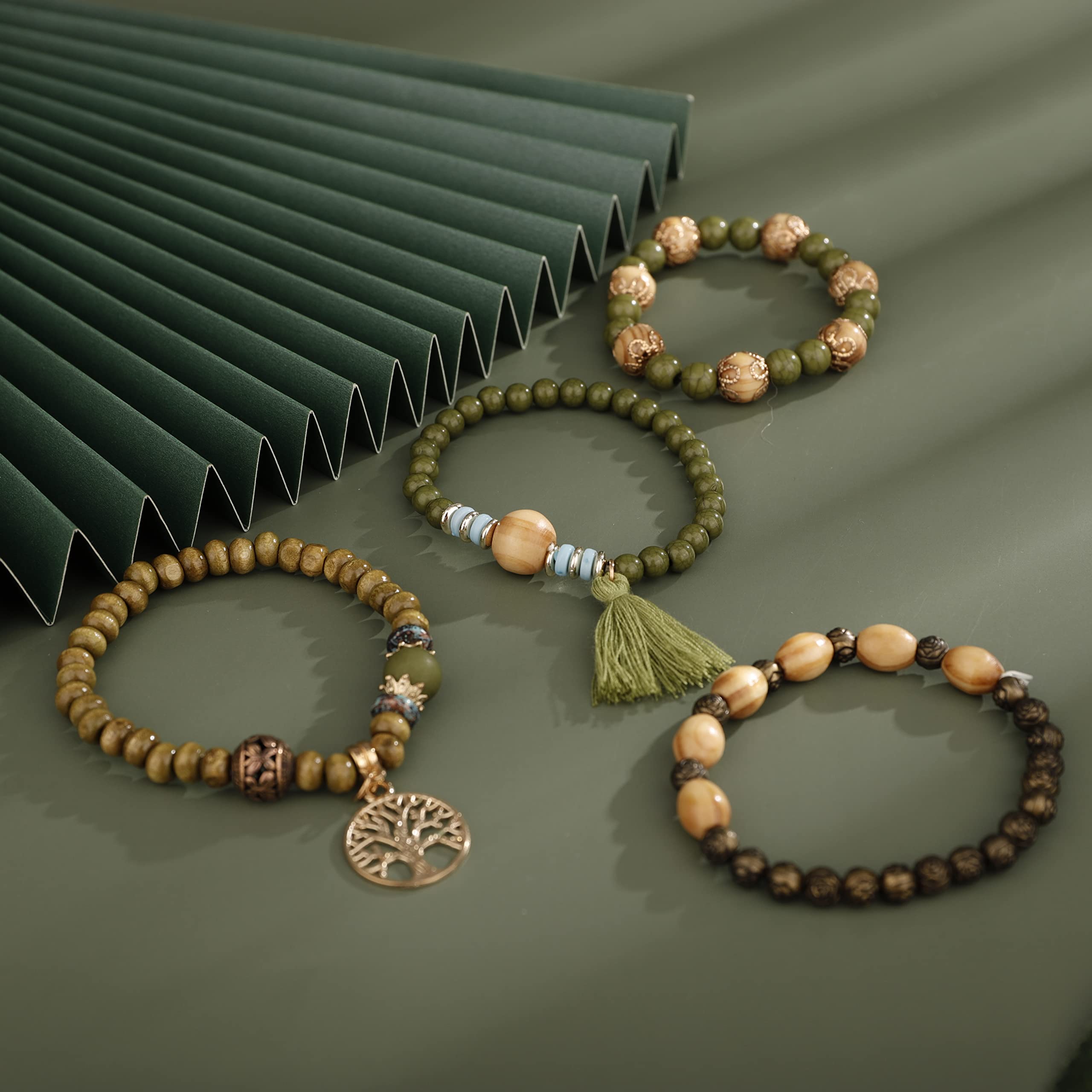 YERTTER 4pcs Bohemian Layered Beaded Tree of Life Pendant Tassel Stretch Stackable Strand Bracelet Beads bracelet Statement Gift for Women Girls(Dark Green)
