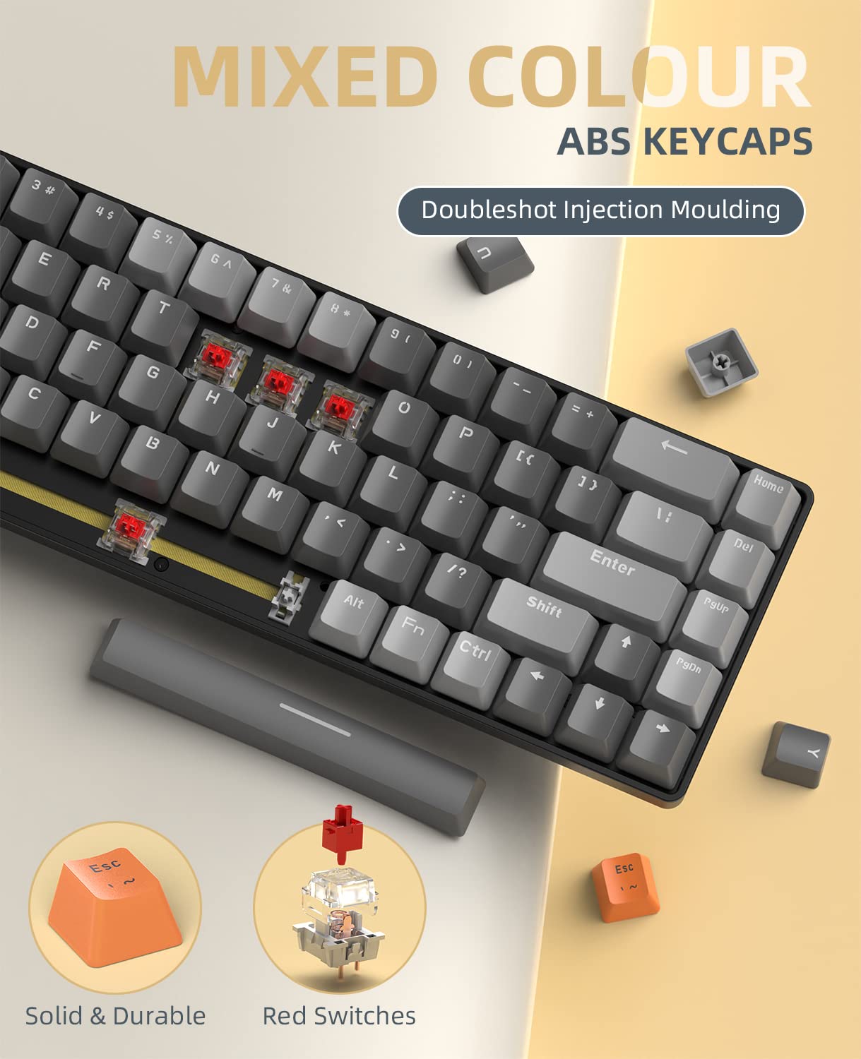 ZIYOU LANG RK68 60% Wireless Mechanical Keyboard,Bluetooth 5.0/2.4Ghz Dual Mode Receiver,Hot-Swappable mini 68-Key,Retro Color Keycaps,Clicky Blue Switch,Ultra Power Saving for PC PS4 Xbox iPhone ipad