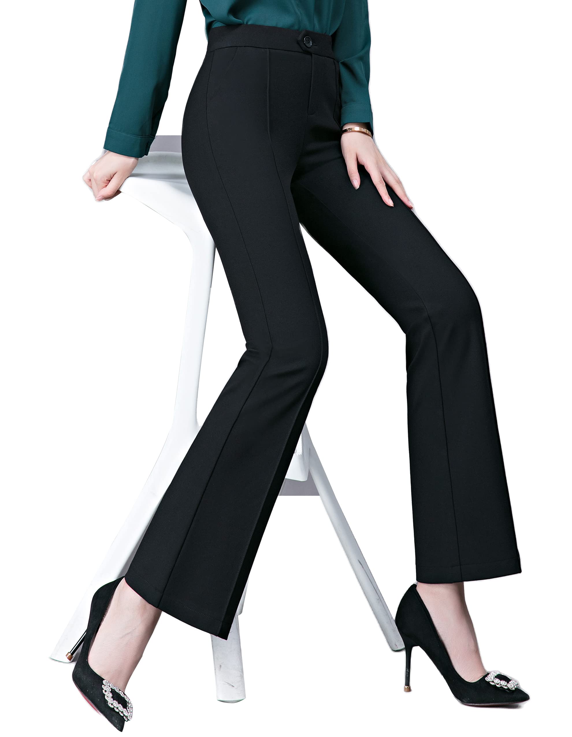 SPECIALMAGIC Dress Pants Women Wide Leg Trousers High Waisted Stretchy Work Pants for Business Dark Black 28