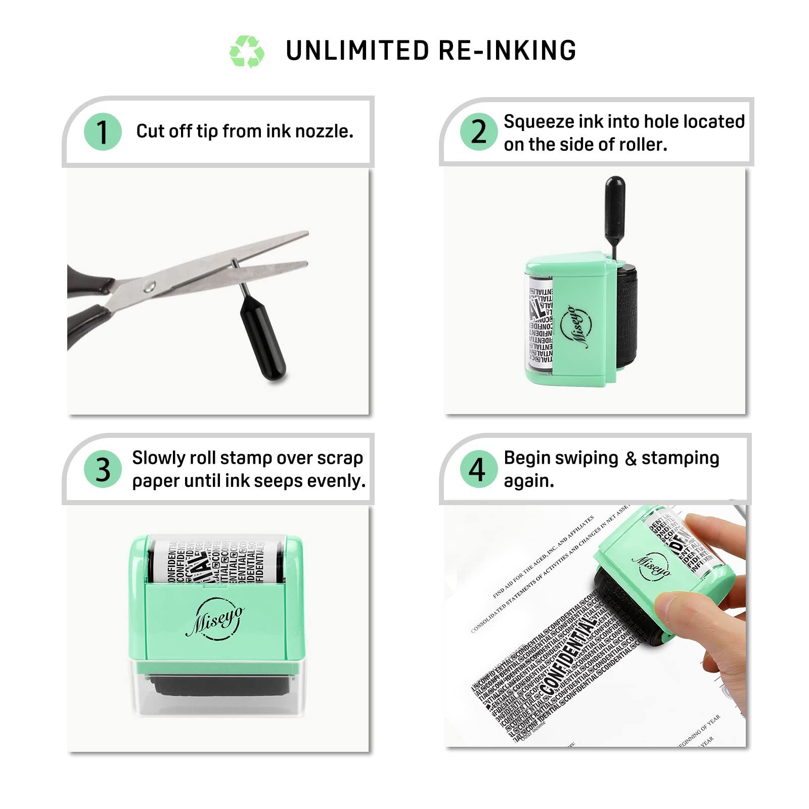 Miseyo Wide Roller Stamp Identity Theft Stamp 1.5 Inch Perfect for Privacy Protection,Anti-Theft Security Confidential Easy for Guard Personal Information Blockout - 3Pack Set (Mint Green)