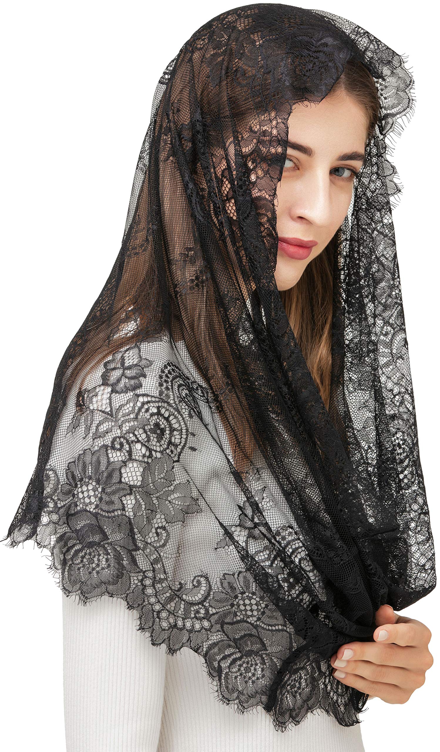 PAMOR Spanish Style Lace Traditional Vintage Inspired Infinity Shape Mantilla Veil Latin Mass Head Covering (Black)