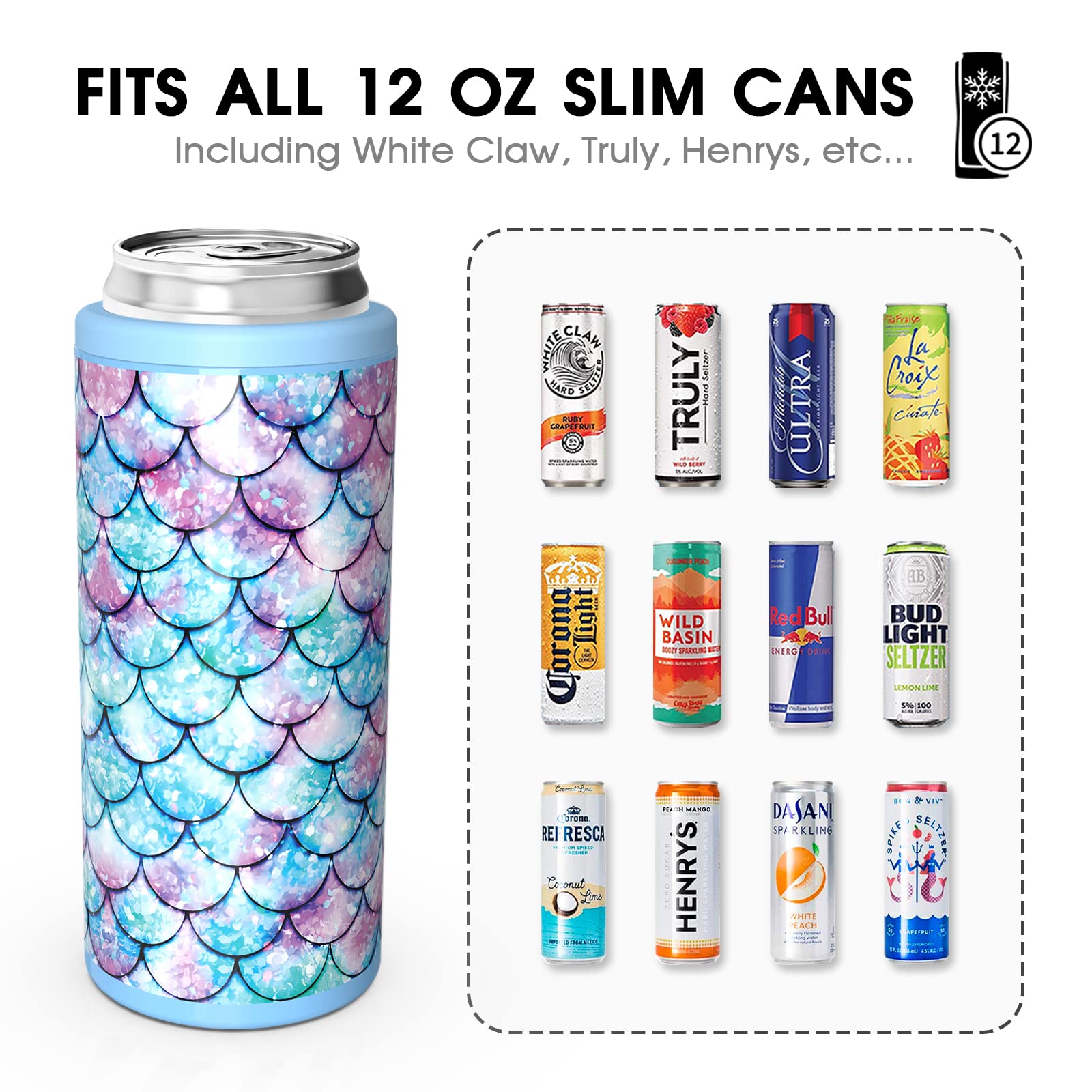 TILUCK Skinny Can Cooler for Slim Beer & Hard Seltzer, Stainless Steel, Doucle-Walled Stainless Steel Insulated Slim Cans, Standard 12 oz (Fish Scales 01)
