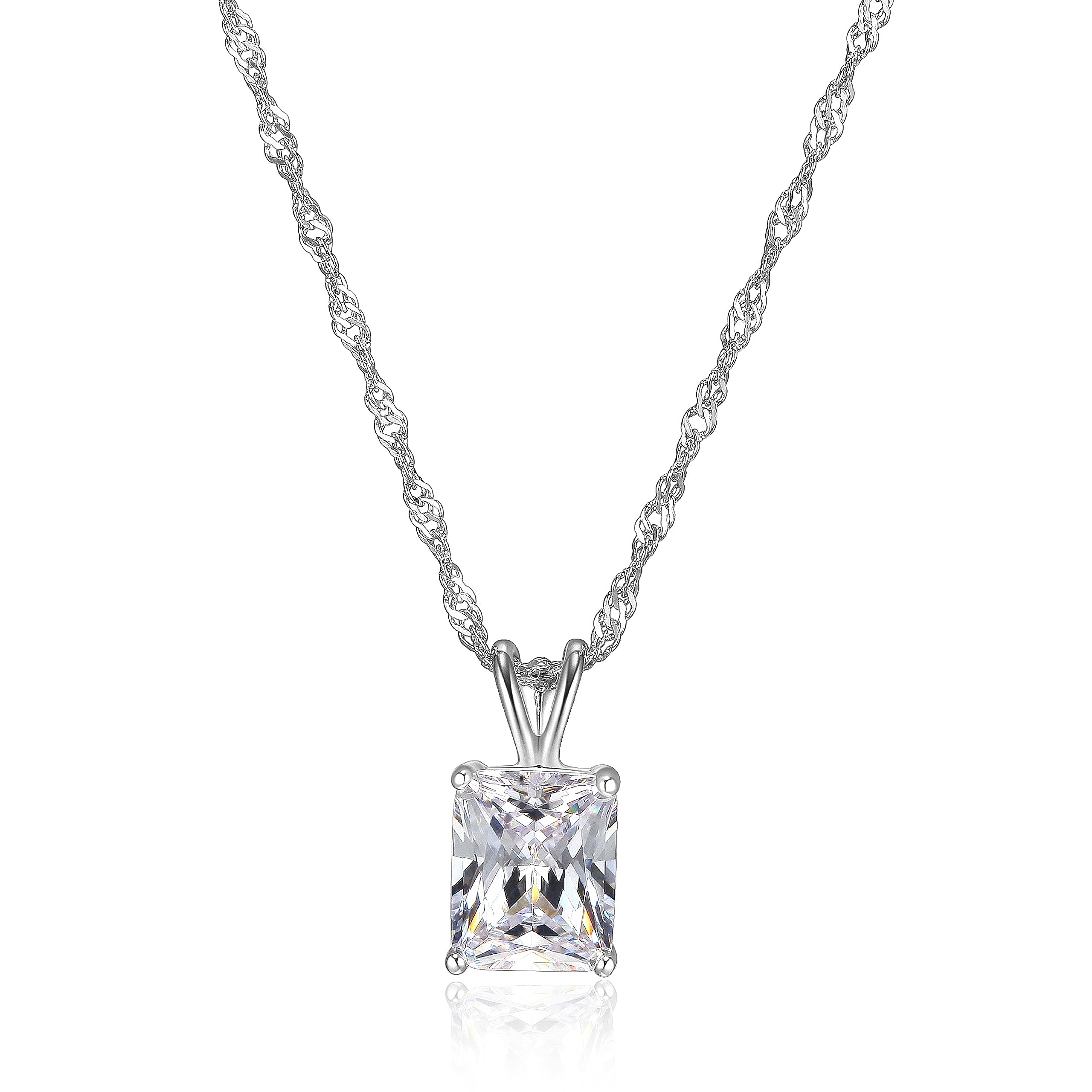 MORGAN & PAIGE CZ Diamond Emerald Cut Necklace - 925 Platinum Plated Sterling Silver Necklace With 3/8" Emerald Cut Cubic Zirconia Pendant - 18"