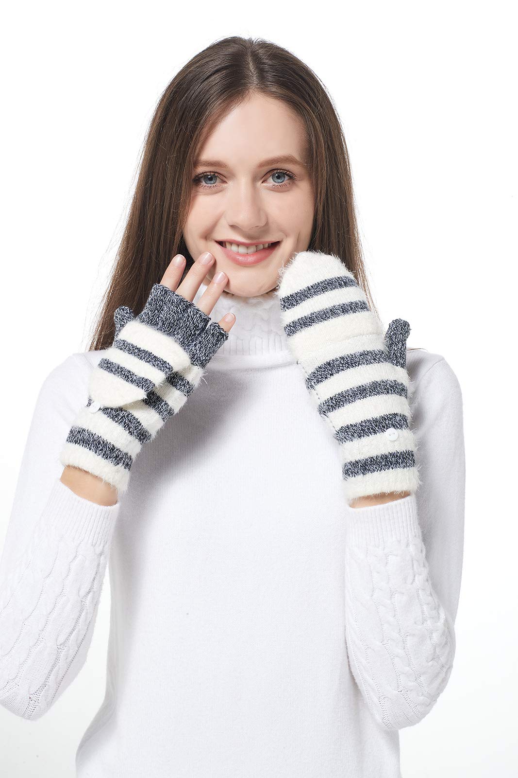 REACH STAR Winter Knitted Convertible Fingerless Gloves Warm Mitten Glove for Women Half Finger Flip Top Thermal Texting(Black)