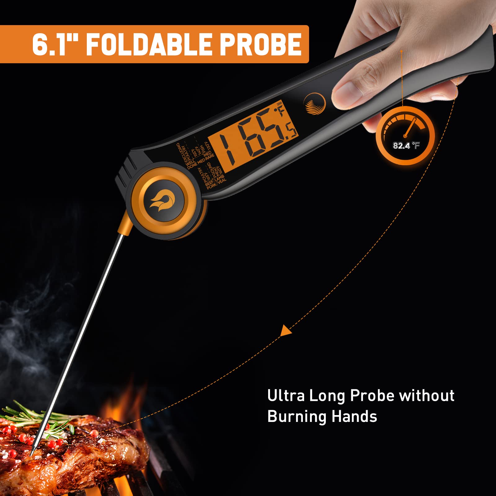 ๐จ๐ฝ๐ด๐ฟ๐ฎ๐ฑ๐ฒ๐ฑ Meat Thermometer Digital for Grill and Cooking - Instant Read Meat Thermometer 6.1โ Ultra Long Waterproof Grill Thermometer w/Reversible Display for BBQ, Oil Deep Frying