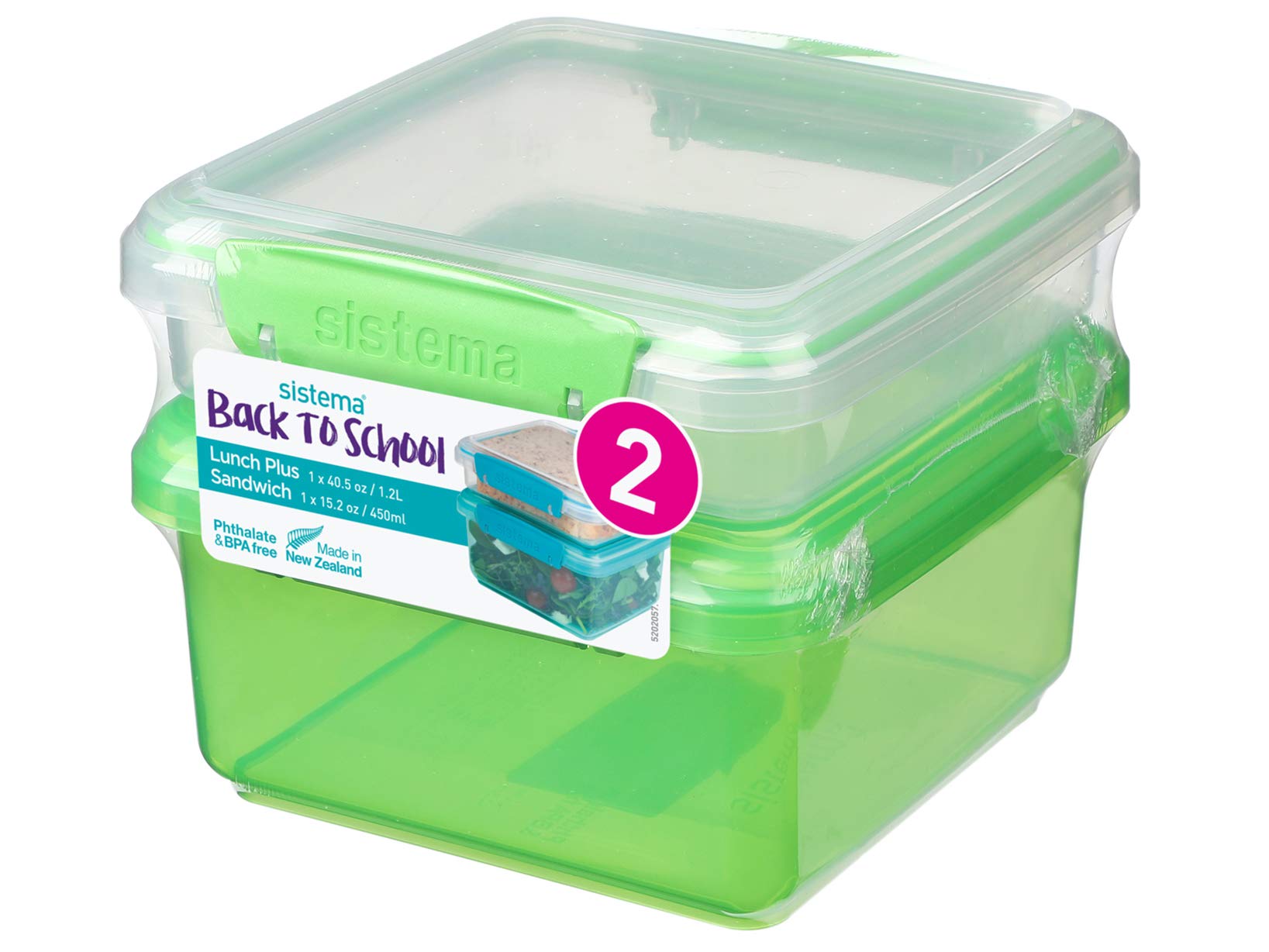 Sistema 16542 Pack of 2 to Go Assorted Colours Square Shape Storage Set Consists 1.2 litres and 1 Container of 450 ml, Polypropylene