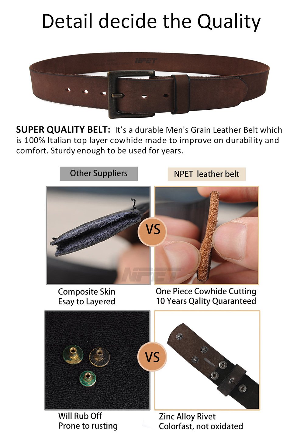 NPET Mens Leather Belt Full Grain Vintage Distressed Style Snap on Strap 1 1/2" Wide (For 32"-34" waist, coffee)