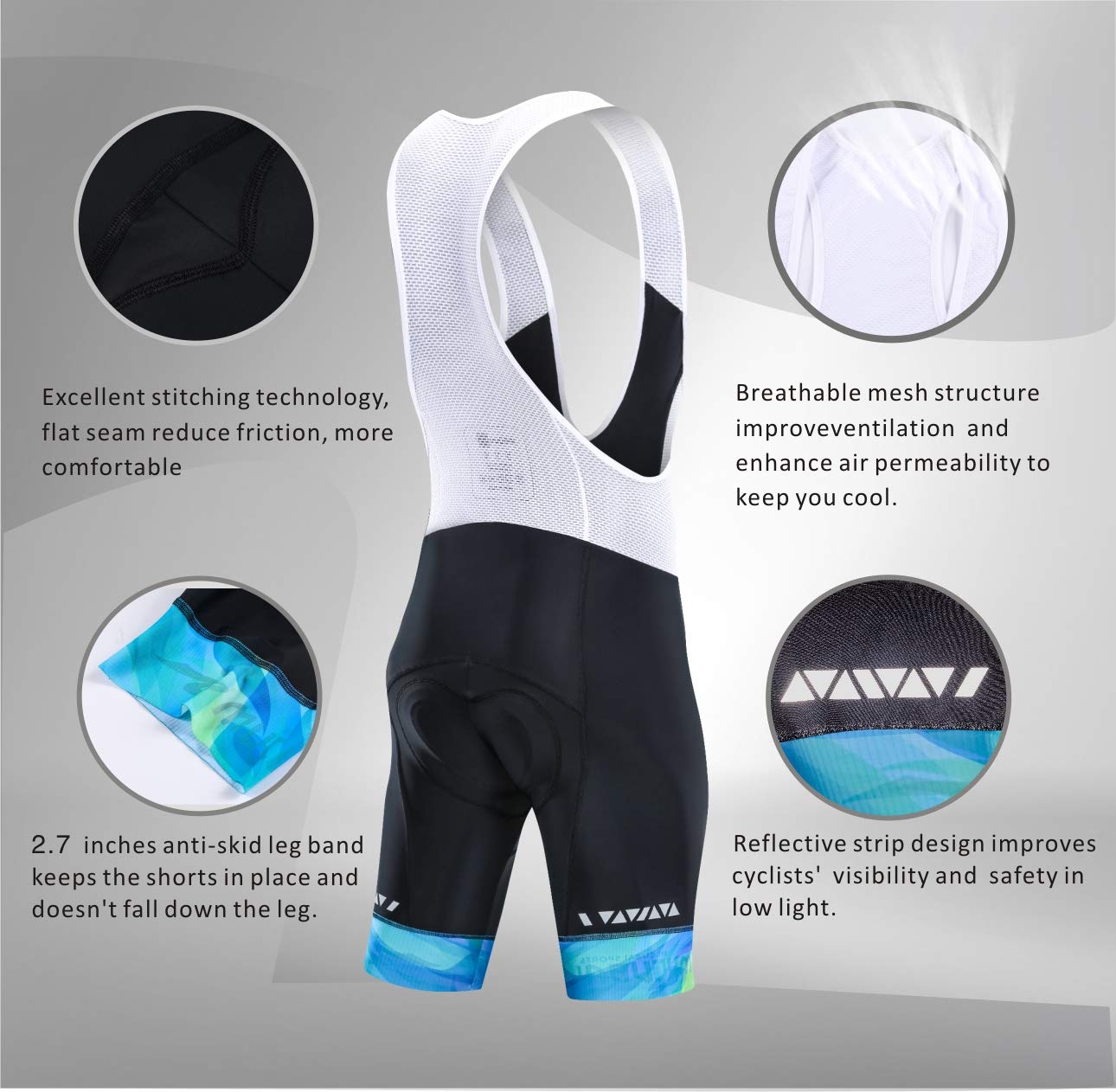 MUCUBAL Men's Cycling Bib Shorts with 3D Breathable Pad Elastic Compression Bike Bibs(Blue,L)