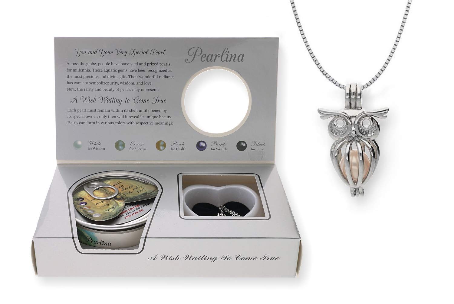 Pearlina Sterling Silver Owl Necklace Cage Cultured Pearl in Oyster Wish pearl Set 18"