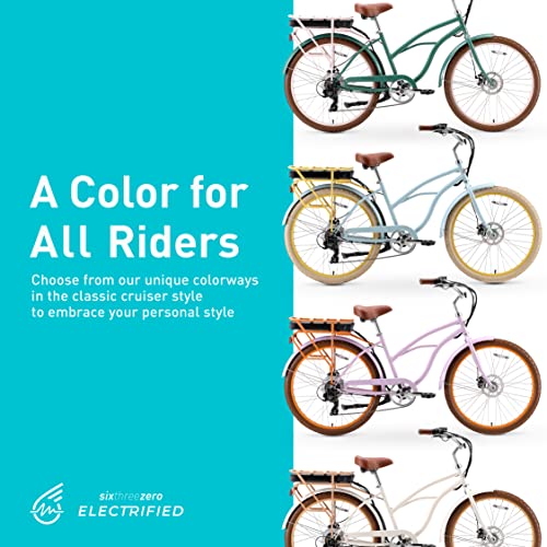 sixthreezero Around the Block Women's Electric Bike, 7 Speed Beach Cruiser eBike Bicycle with Rear Rack, 500 Watt Motor, 26 Inch Wheels, Sky Marigold