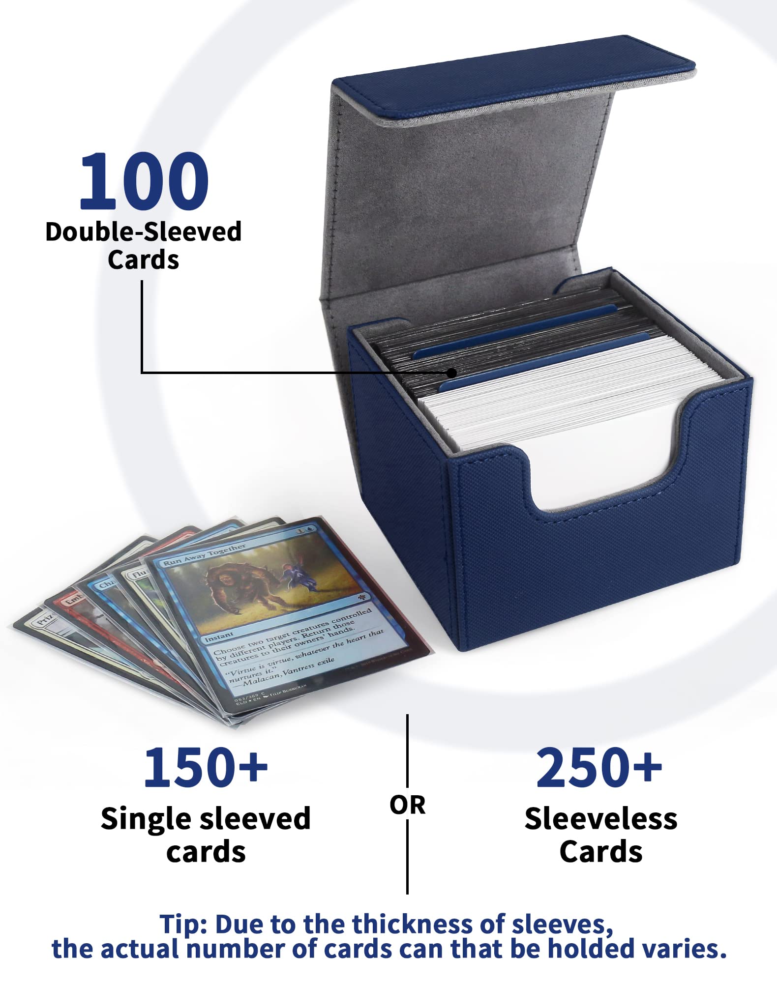 ZLCA Card Deck Box with 2 Dividers for MTG Cards, Large Horizontal Card Storage Box Fits 150+ Single Sleeved Cards, PU Leather Commander Deck box for TCG CCG (Navy)