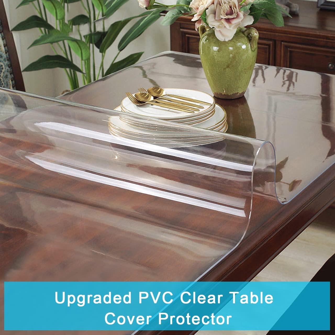 Non-slip 36x102 Inch PVC Plastic Clear Table Cover Protector Waterproof Vinyl Crystal Table Top Cloth Cover for Wedding Table Coffee Dining Tabletop Kitchen Bar Countertop Conference Table Protection