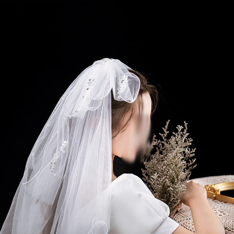 ZLXDP Wedding Veil with Big Bow Hair Accessories for Brides Multi-Tier White Sheer Tulle Curly Edge Short Length Headwear