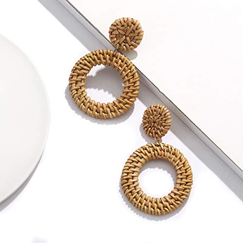 Rattan Earrings for Women Handmade Lightweight Wicker Straw Stud Earrings Statement Weaving Braid Drop Dangle Earring (Rattan Hoop)
