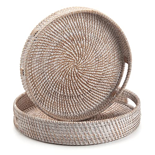 Round Rattan Serving Tray Decorative Woven Ottoman Trays with Handles for Coffee Table White (Small 11.8 inch x 2.4 inch)