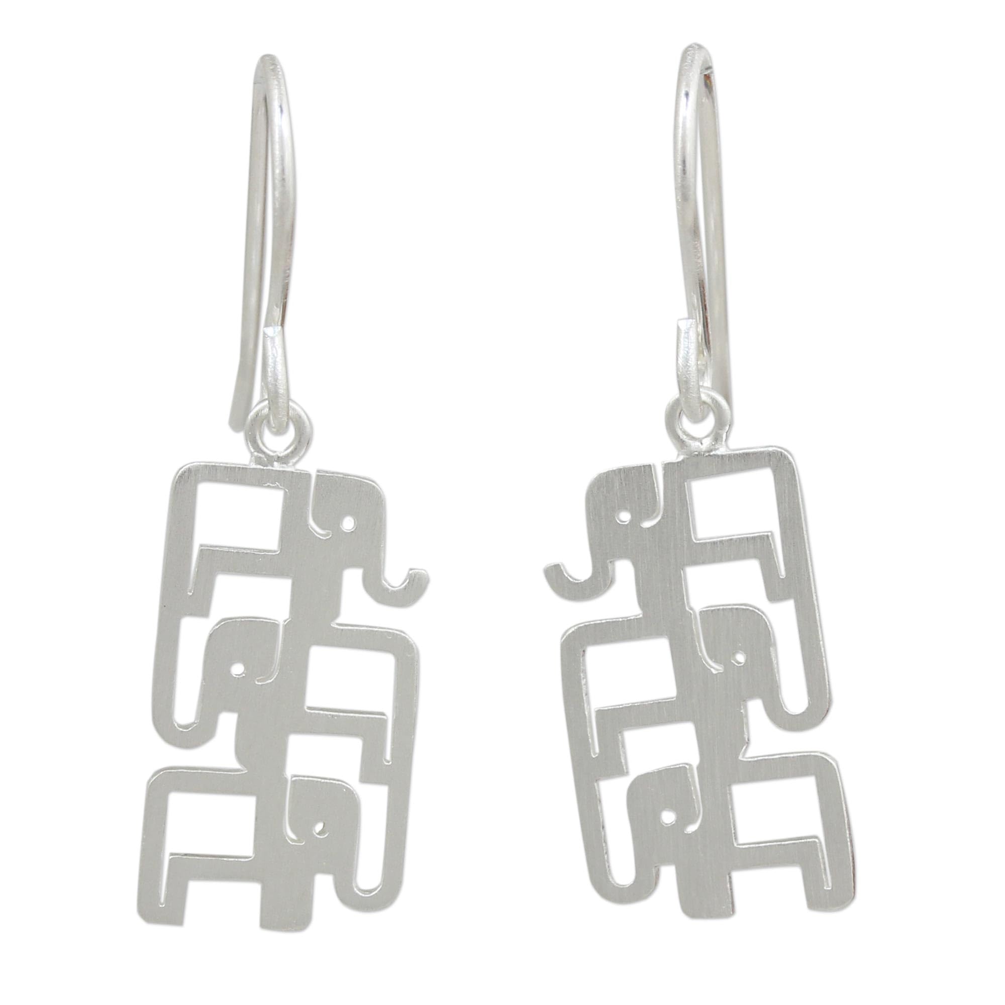 NOVICA Artisan Handmade Sterling Silver Dangle Earrings Brushed Threeelephant Thailand Animal Themed [1.3 in L x 0.4 in W] ' Elephant Pyramid'
