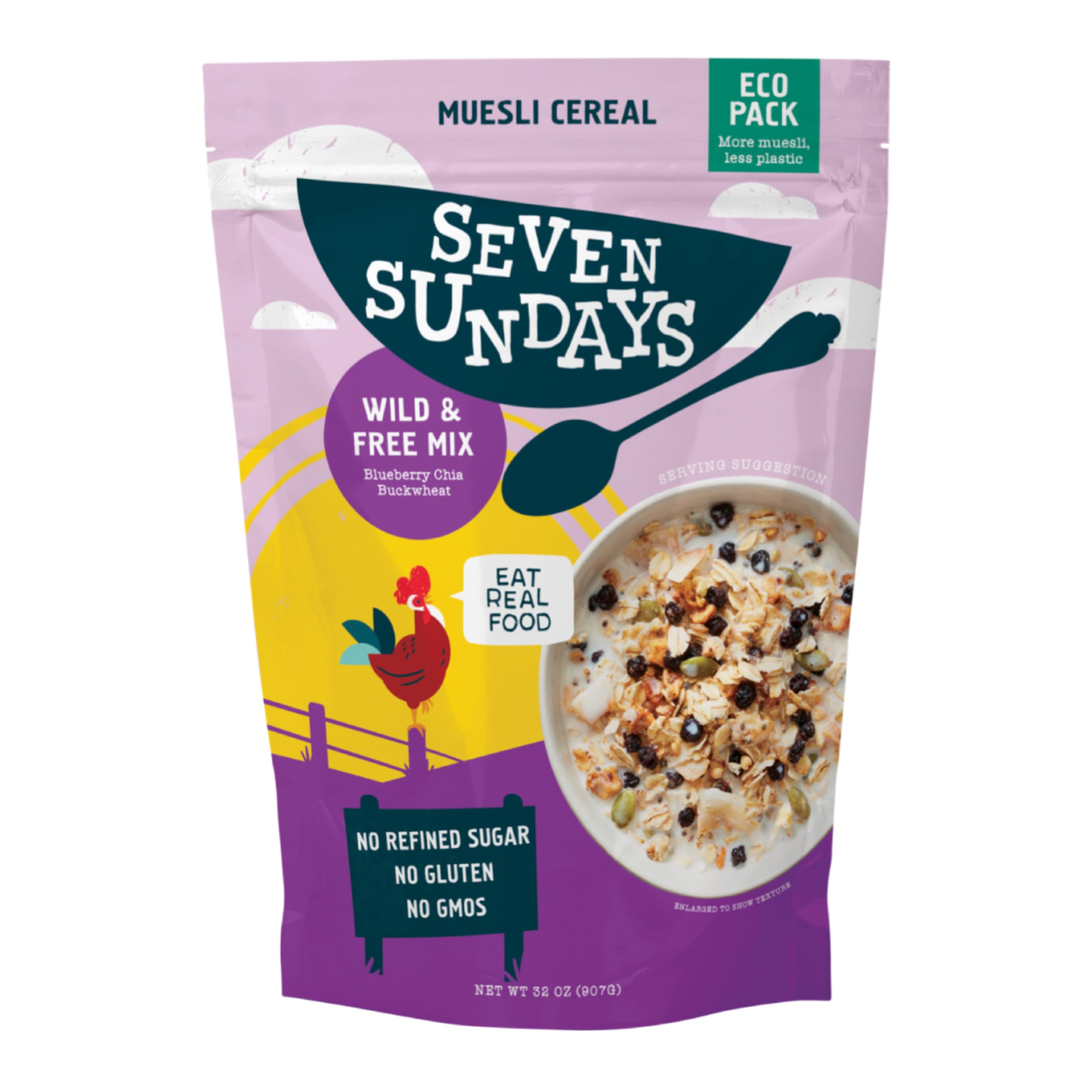 Seven Sundays Muesli Cereal, Wild and Free Blueberry Chia Buckwheat, 32 Oz Bag, Gluten Free, 0g Refined Sugar, Enjoy Warm, Cool or as Overnight Oats