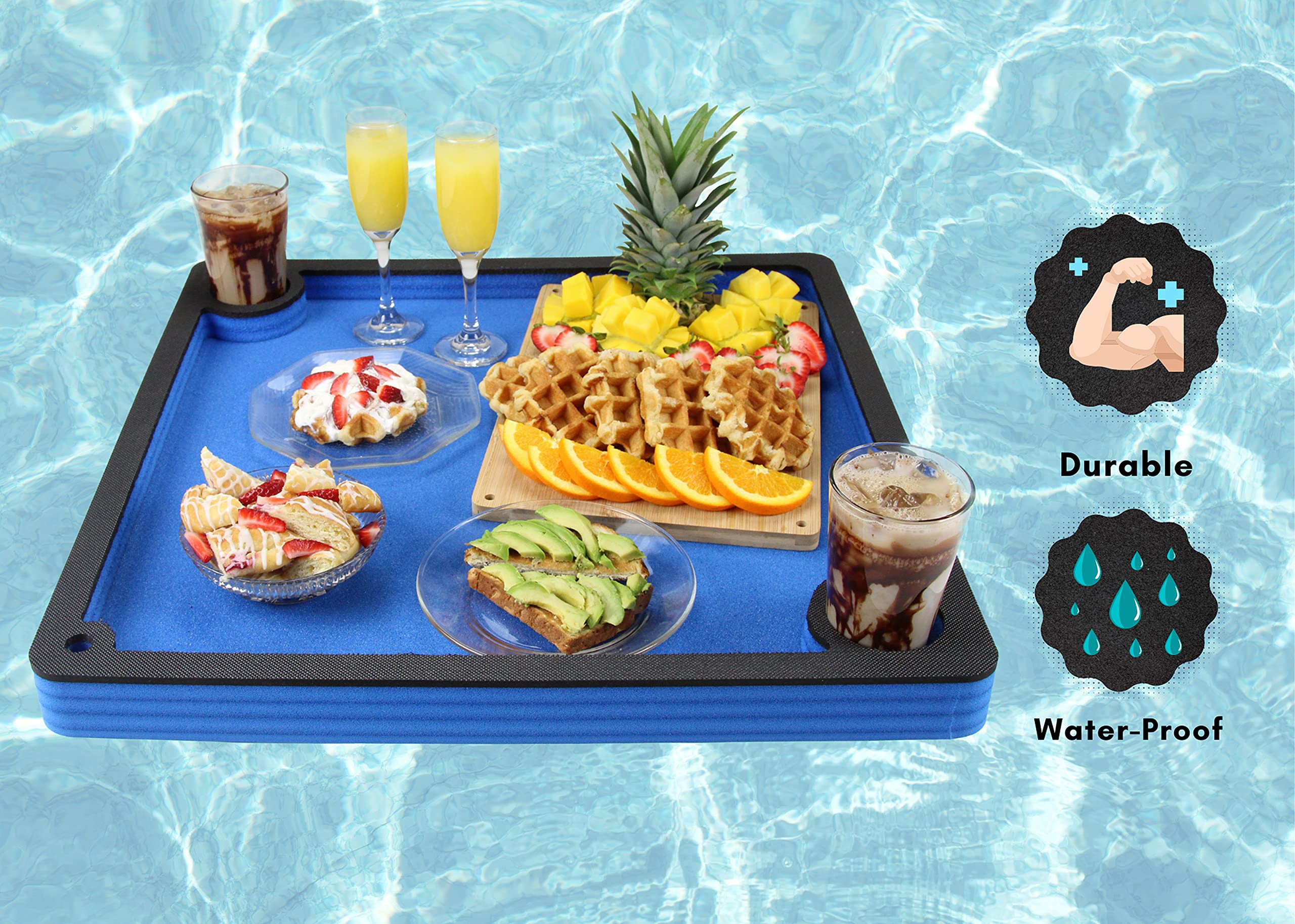 Polar Whale Floating Breakfast Table Serving Buffet Blue and Black Tray Drink Holders for Swimming Pool or Beach Party Float Lounge Refreshment Durable Foam UV Resistant with Cup Holders 24 Inches