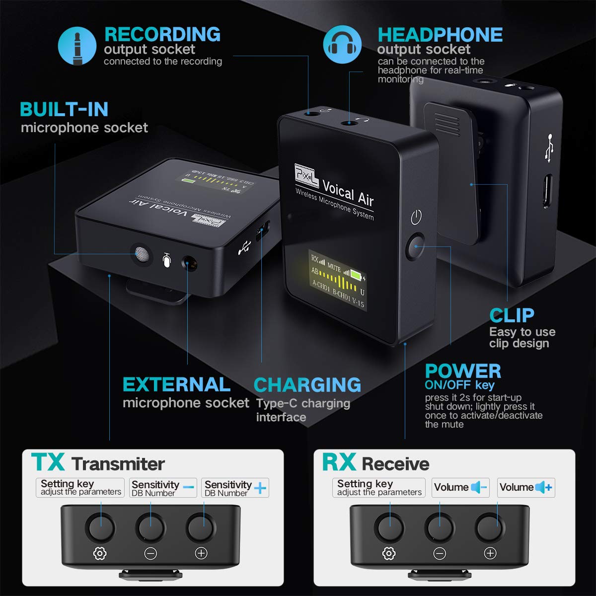 PIXEL UHF Wireless Lavalier Microphone System with 1 Receiver, 2 Transmitters, and 2 Lapel Microphones Compatible with Camera,Smartphones,DSLR,and Video Cameras,Mobile Devices YouTube Facebook Live