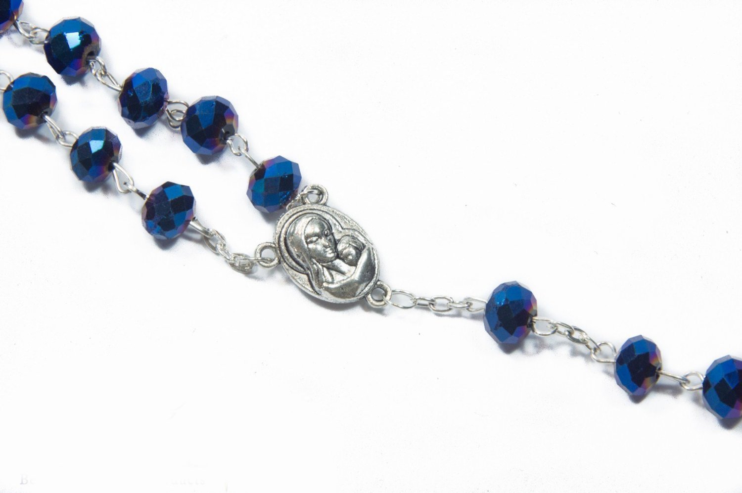 Nazareth Store Deep Blue Crystal Beads Rosary Catholic Necklace Holy Soil Medal Cross Crucifix Velvet Bag