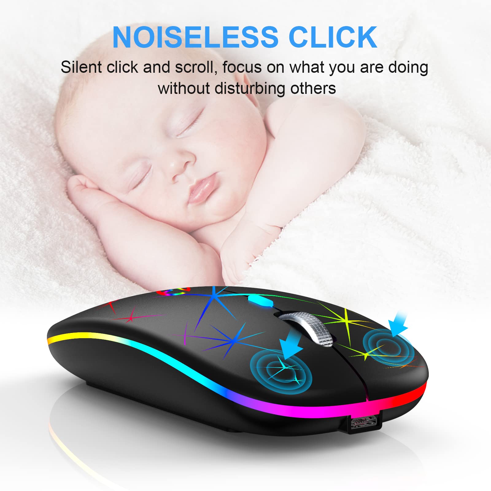 TaIYanG Wireless Mouse, 2.4G Portable Optical Quiet RGB Mouse with USB Receiver and Type C Adapter, 3 Adjustable DPI Levels, Wireless Computer Mouse for Laptop, Computer, PC, MacBook, Desktop