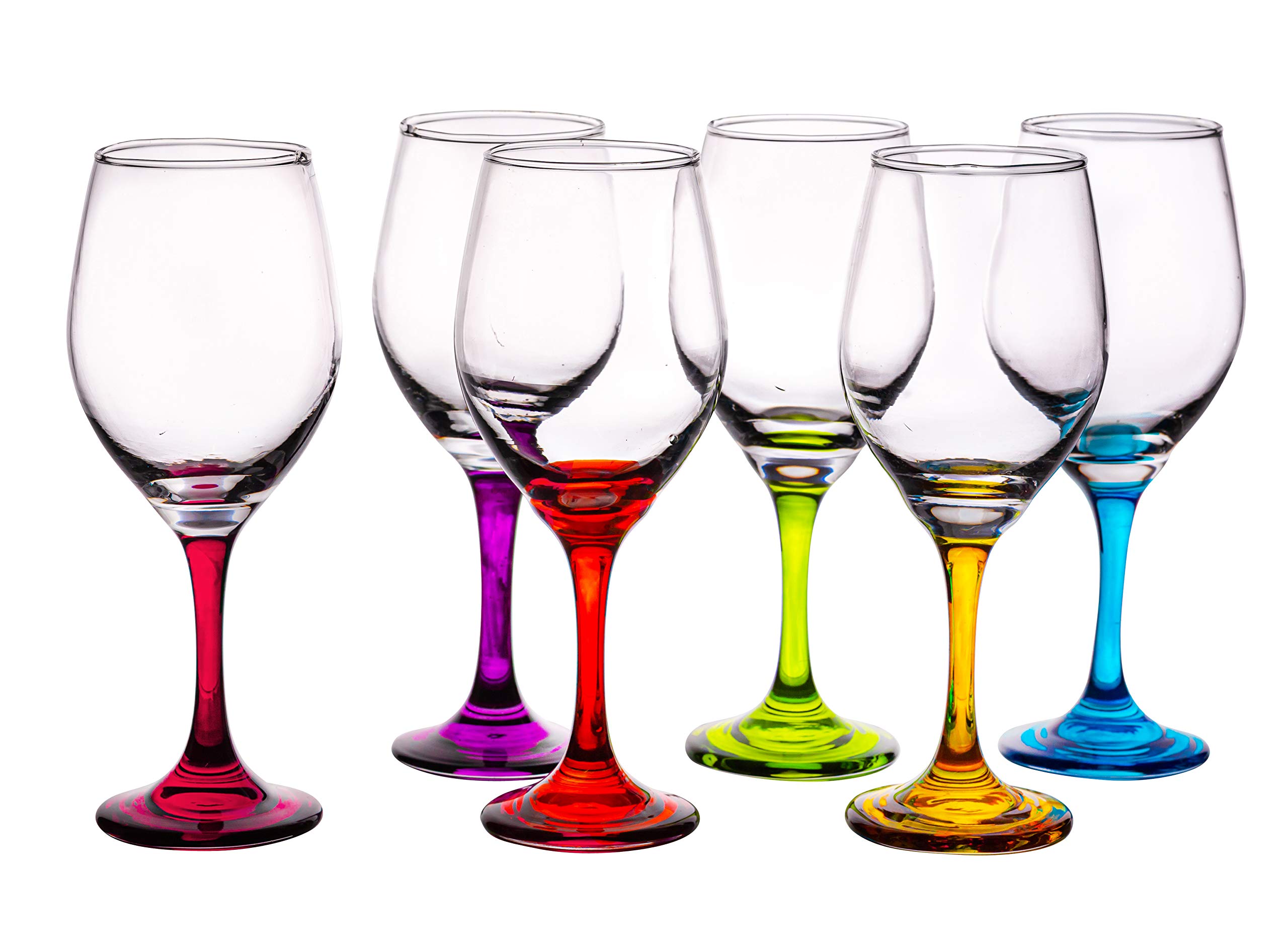 Trinkware Colored Stem Wine Glasses Set of 6 - Multi Yellow, Orange, Purple, Blue, Red, Green - Fun Party Wine Goblets -11oz