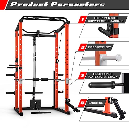 RitFit Power Cage with LAT Pull Down and 360° Landmine, 1000LB Capacity Power Rack Full Home Gym for Weightlifting, Come with J-Cups,Dip Bars and Other Attachments (2023 Version PPC02)-Orange