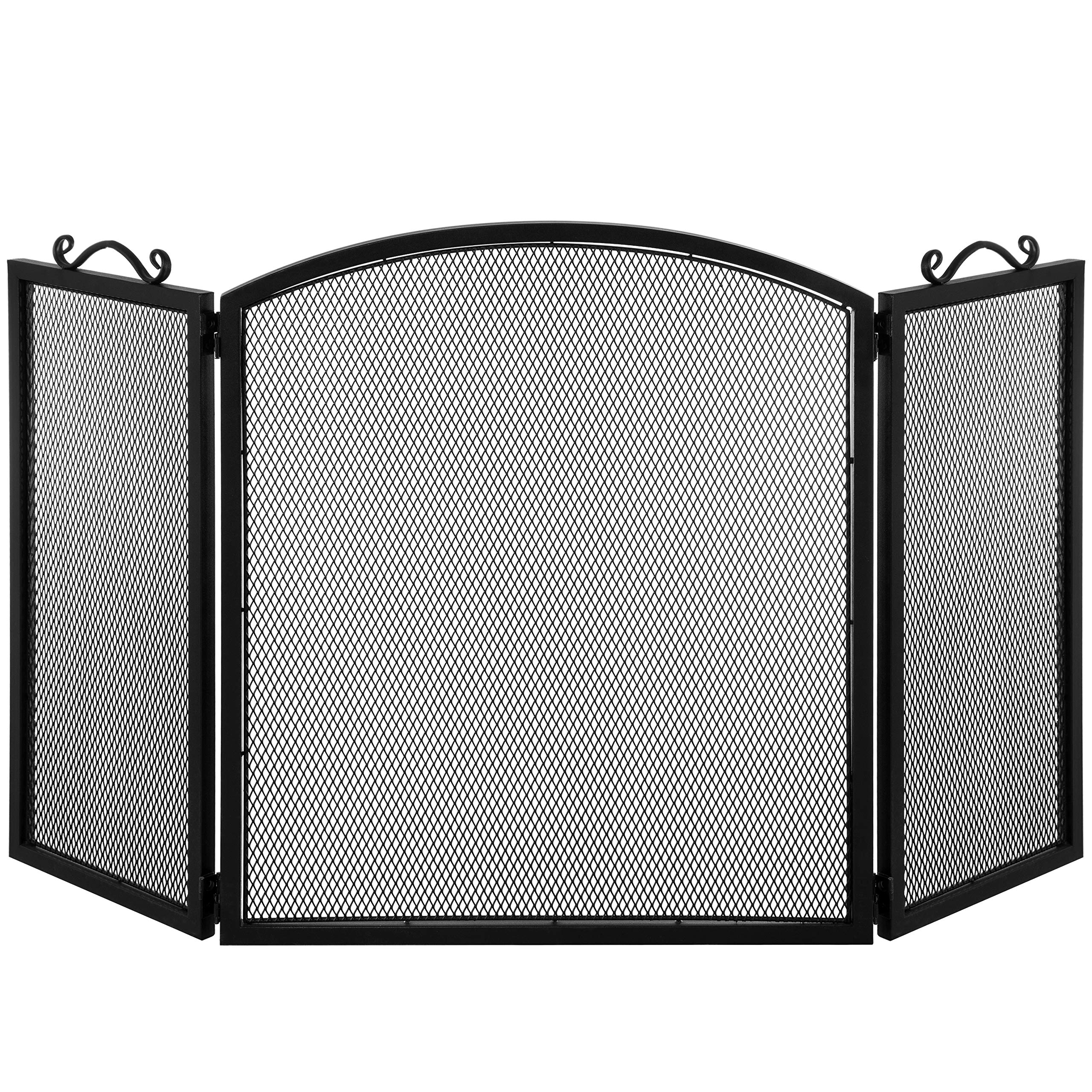 MyGift Black Metal Mesh Fireplace Cover, 3 Panel Folding Screen, Fireplace Grate with Vintage Scrollwork Handles
