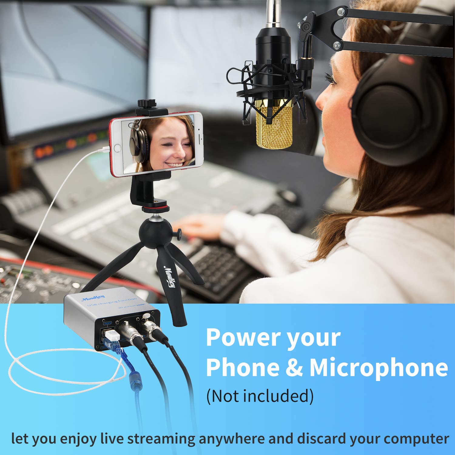 Phantom Power Supply,Moukey 1-Channel 48V with Adapter New USB Charging Capability, 10 Feet XLR Cable and Adapter for Any Condenser Microphone Music Recording Device-New Version
