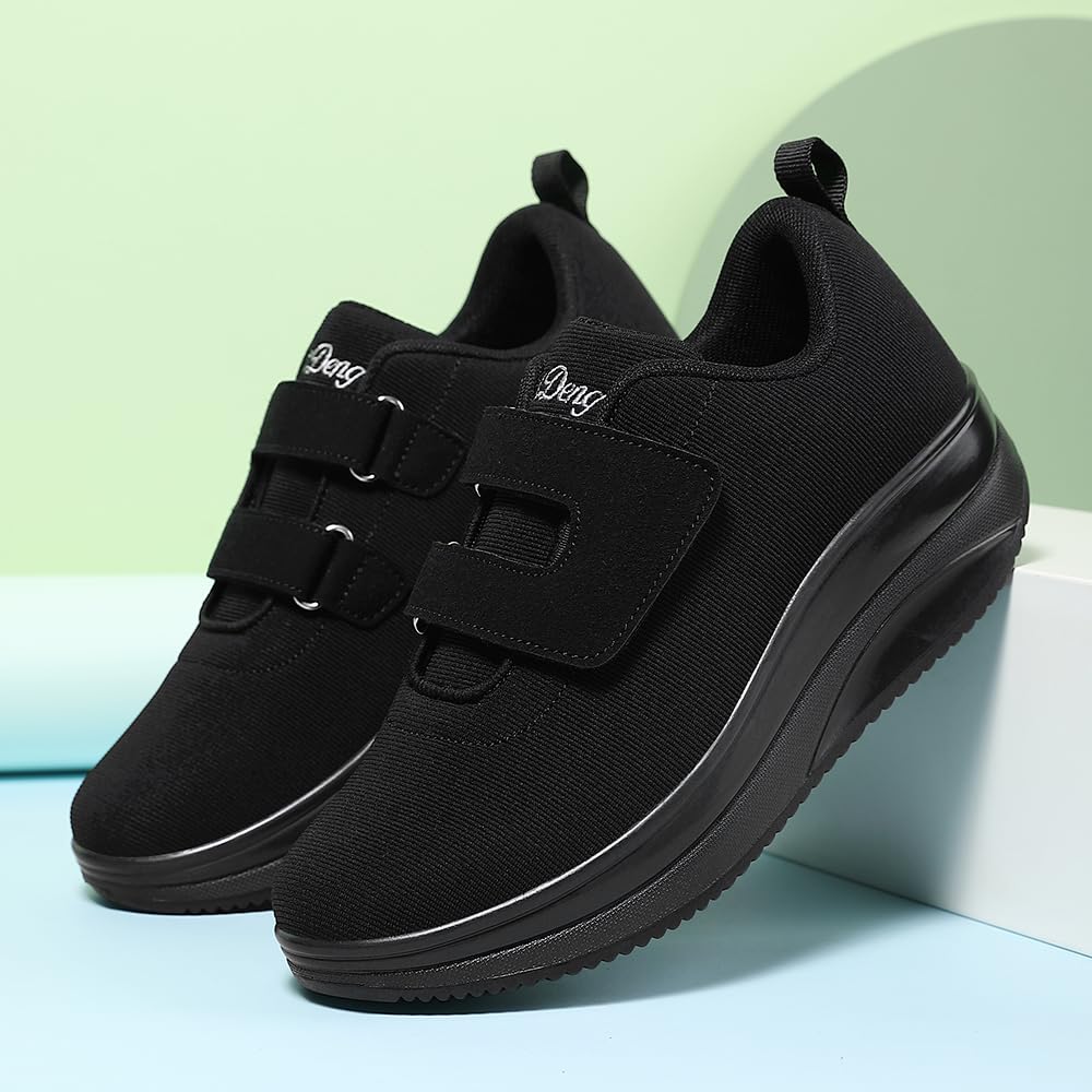 Oude Wedge Sneakers for Women Comfy | Wide Orthopedic Shoes for Women Shopping | Adjustable Velcro Closure 2 Inch Thick Rocker Bottom All Black Size 6.5