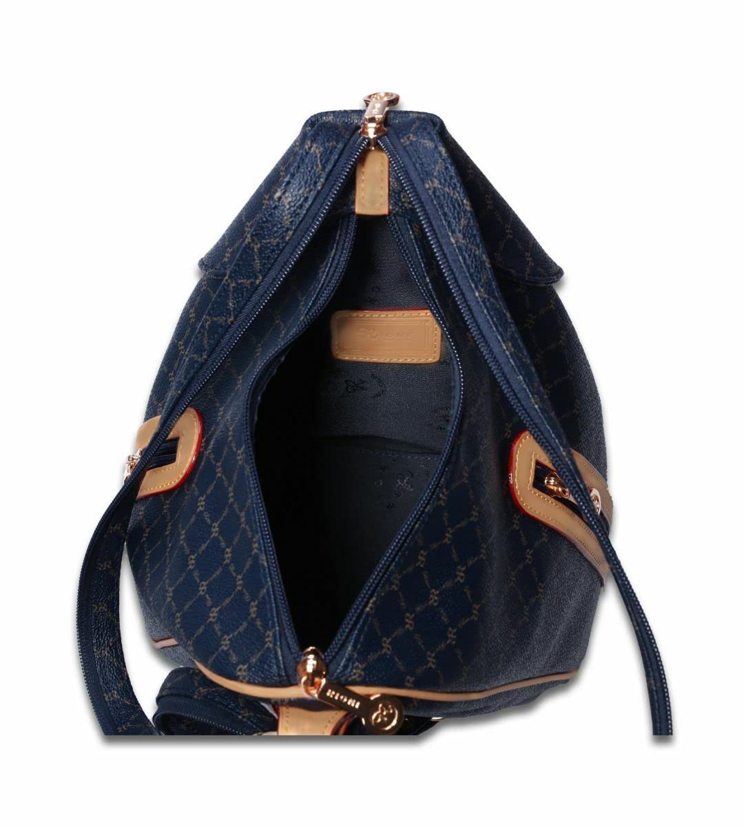 Rioni STA-20082 Designer Signature Navy Blue Canvas Leather Backpack With Zipper Strap