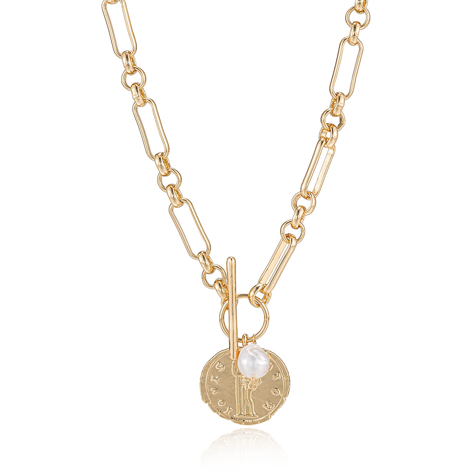 Vintage Stylish Gold Plated Chunky Chain Coin Freshwater Pearl Pendent Toggle Necklace Statement Piece for Women