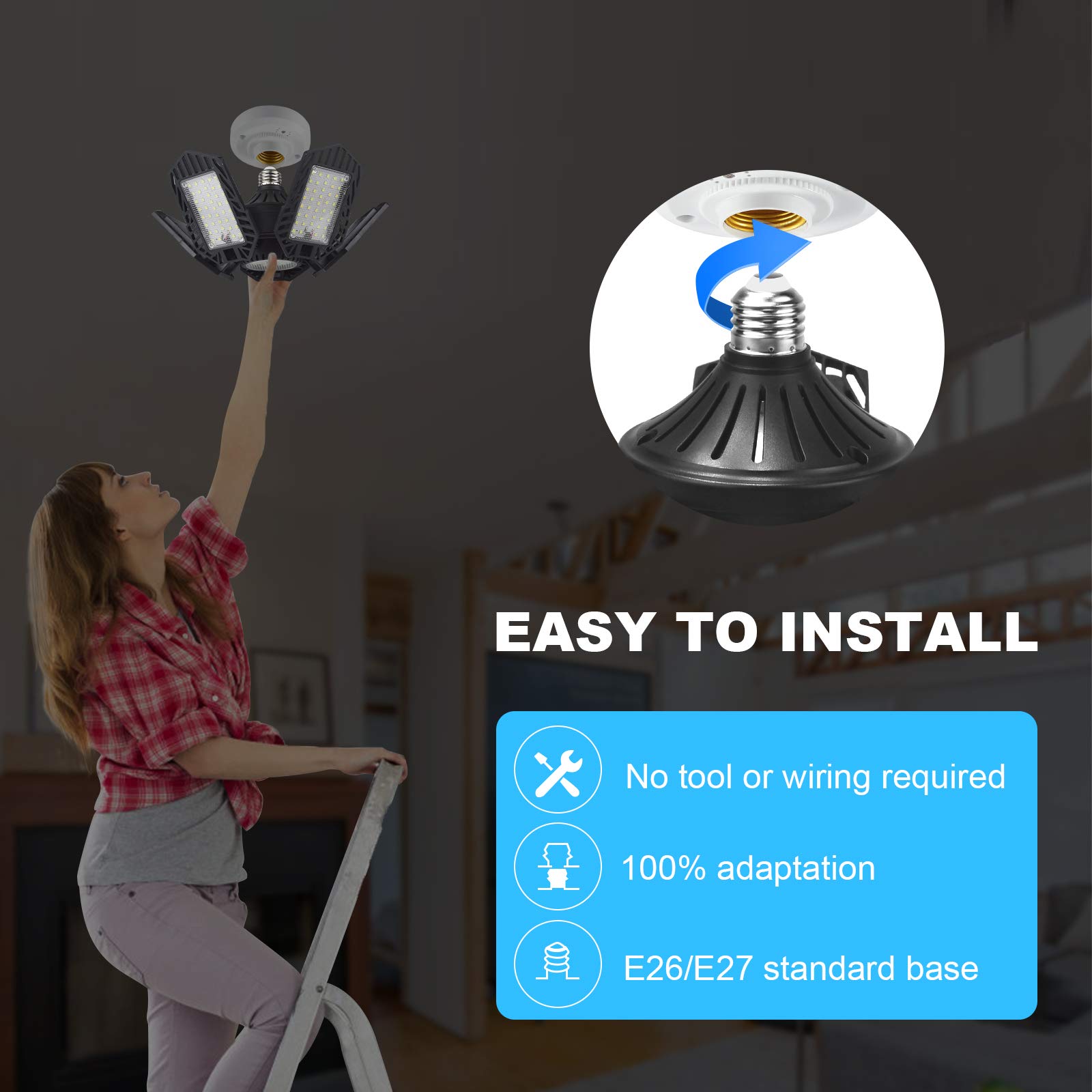 SEQI LED Garage Lights, 150W Deformable Garage Light 15000LM Daylight White 6000K, LED Shop Lights with 5 Adjustable Panels, Super Bright Garage Ceiling Light Work Lighting for Basement Workshop